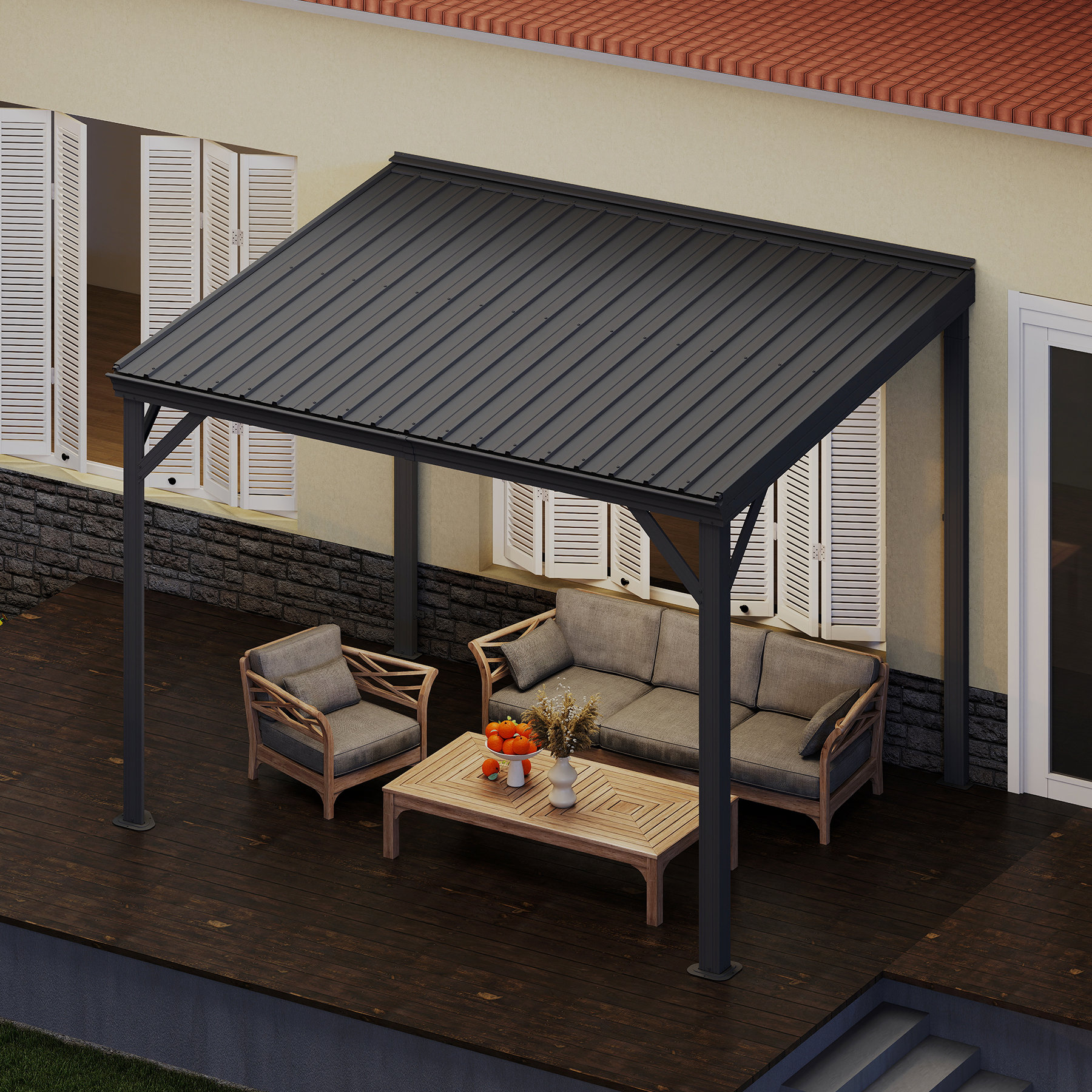 Domi Louvered Patio Gazebo Lean to Wall Mounted Pergola with Sloping ...