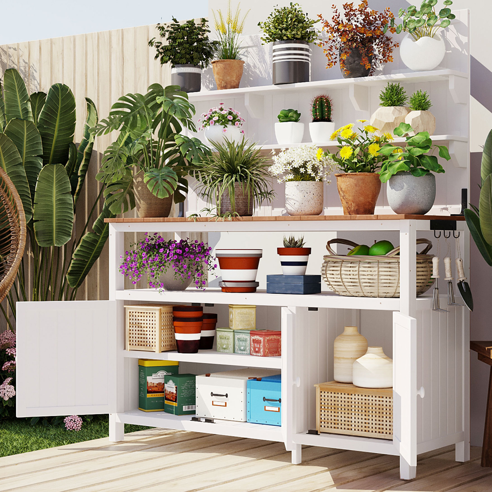 Arlmont & Co. 65.4"H Outdoor Potting Bench Table, Large Solid Wood ...