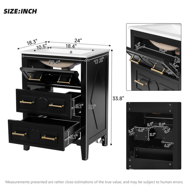 Wrought Studio 24"Freestanding Bathroom Vanity with Ceramic Sink and 3 ...