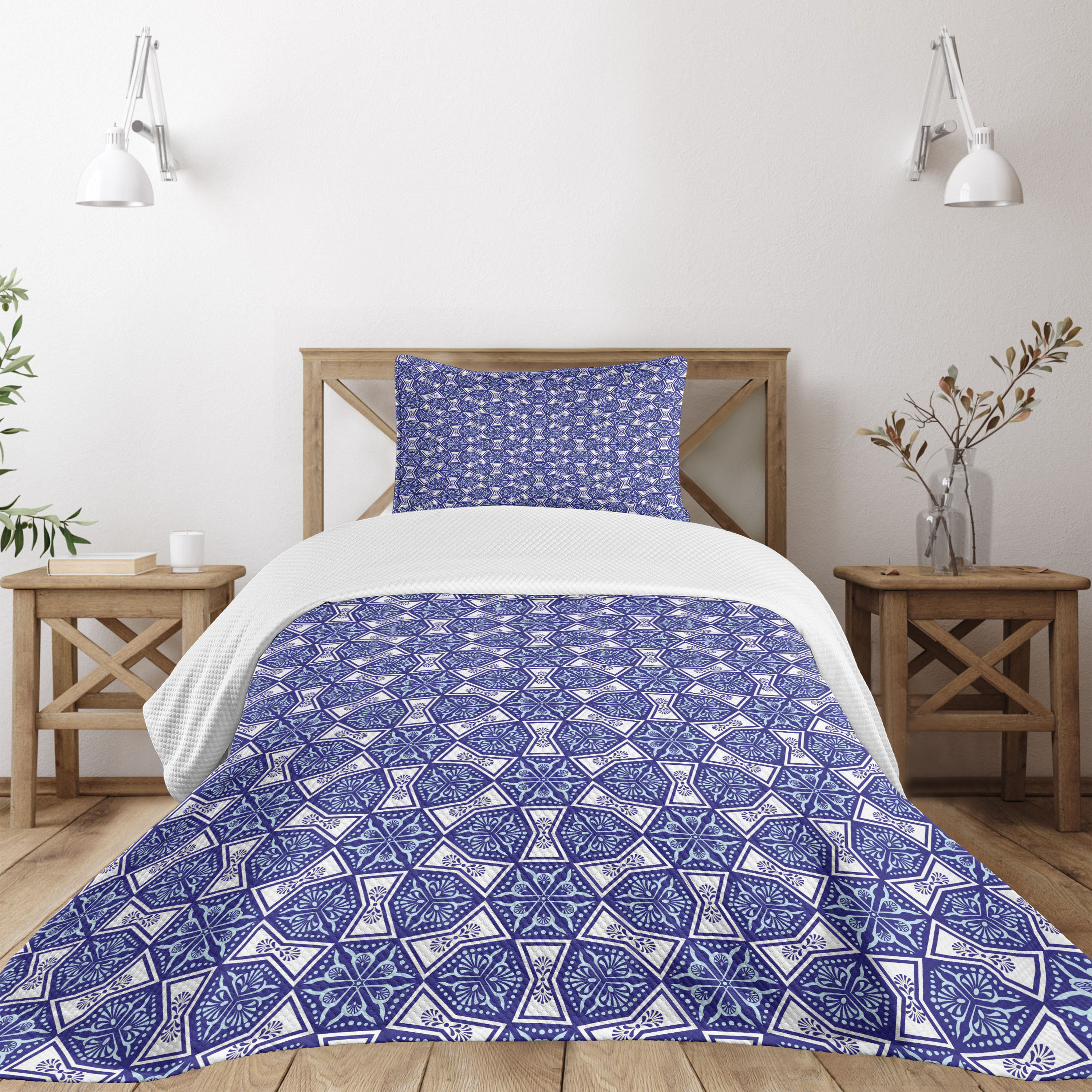 Ambesonne Blue Bedspread Set Indigo Floral Geometric Dark Blue Sky Blue ...