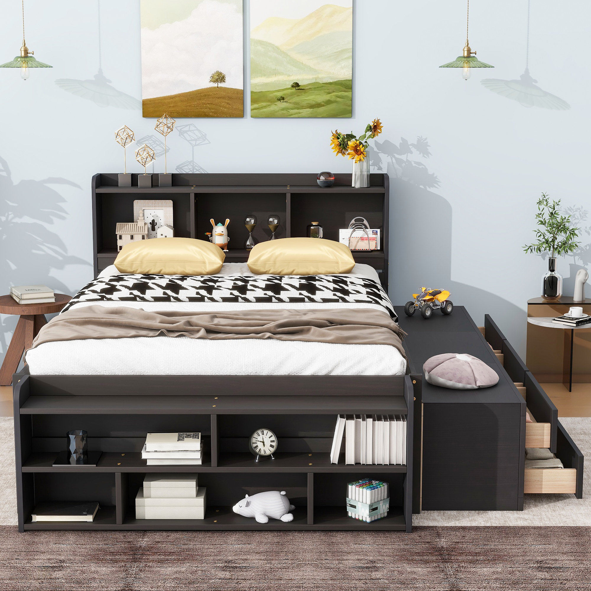 Latitude Run Full Bed With Bookcase Headboard Under Bed Storage