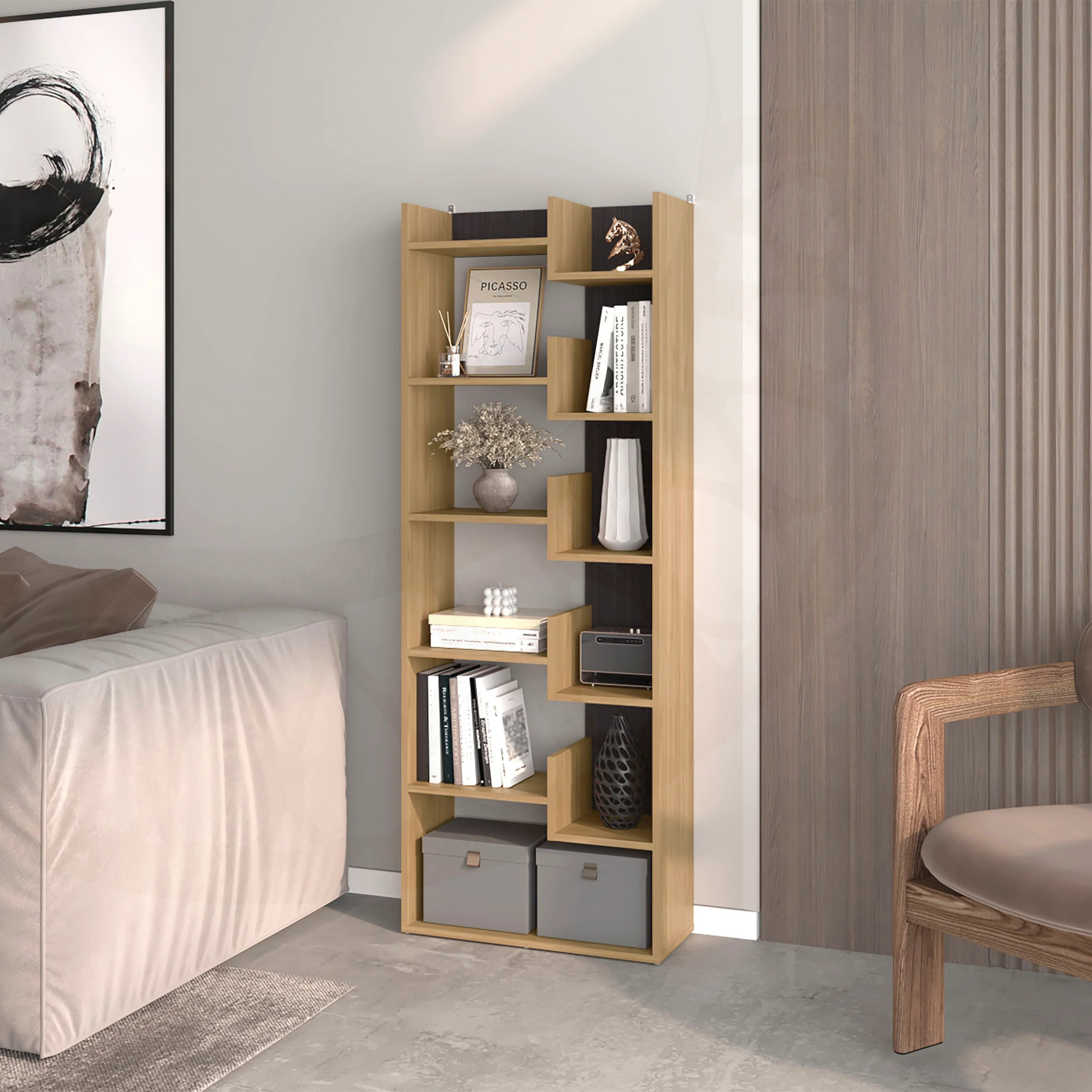 Latitude Run® Natural Oak Finish Melamine Bookcase with Ten Open ...