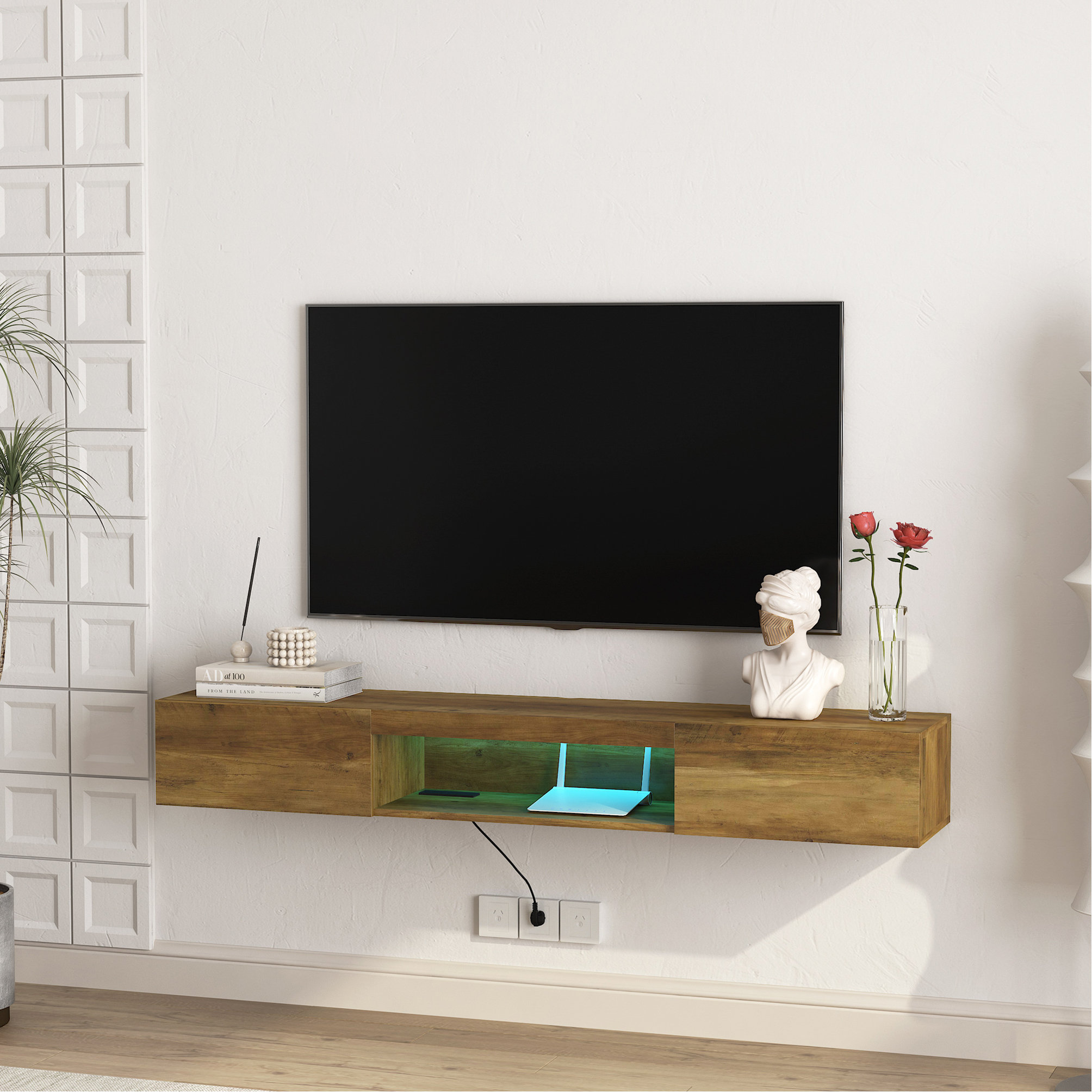 Ivy Bronx Floating TV Stand, Wall Mounted TV Shelf With LED Lights ...