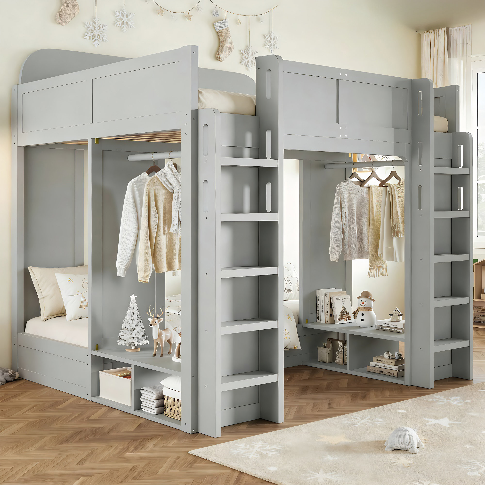 Latitude Run® White Or Gray Wooden Two Tier Bunk Bed With Upper Two ...