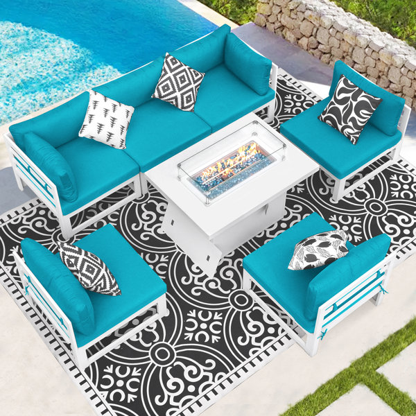 Hokku Designs Tuyen 7 PieceAluminum Complete Patio Set with Fire Pit ...