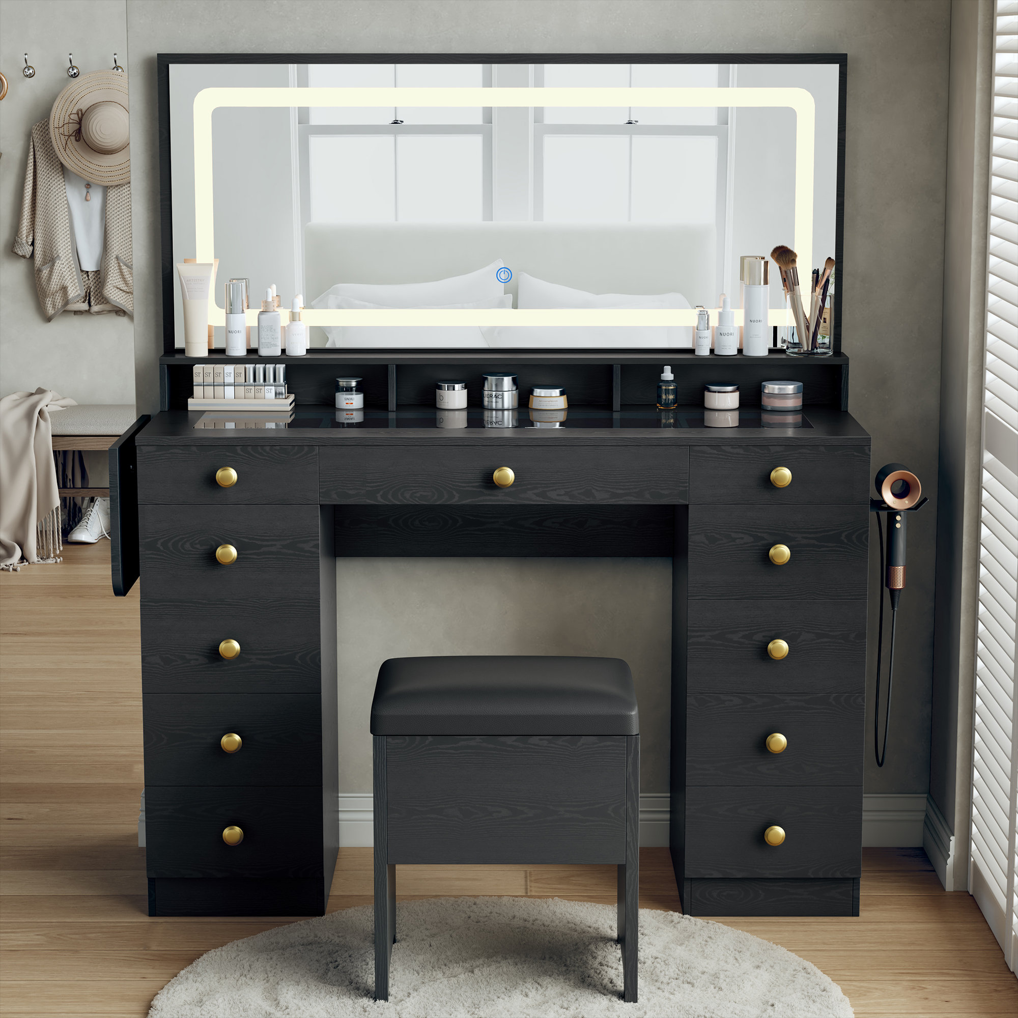 Ivy Bronx 46’’ L Large Modern Style Makeup Vanity Desk With Mirror, LED ...