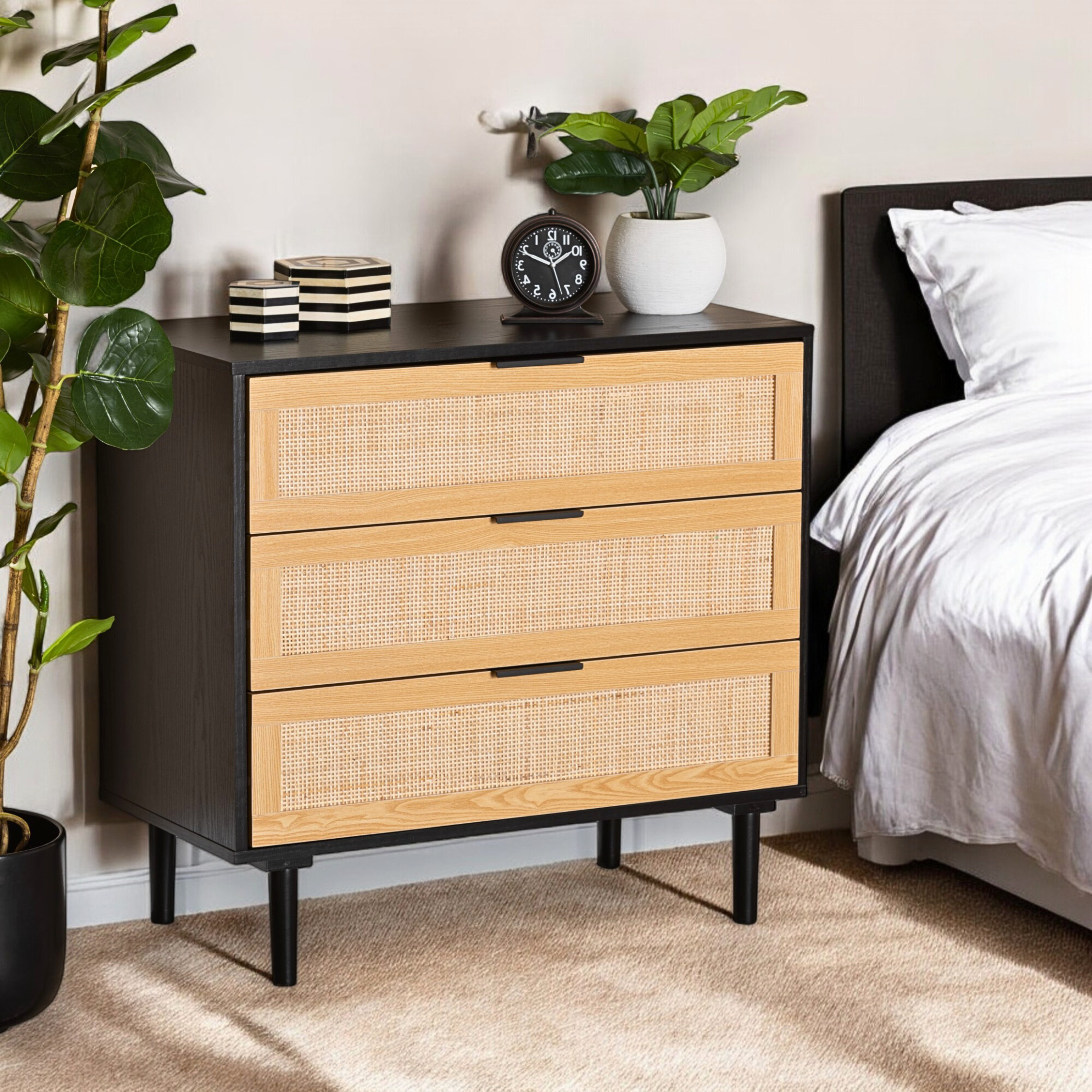 Dakota Fields Perlin 3-Drawer Cabinet in Espresso Brown Wood and Rattan ...
