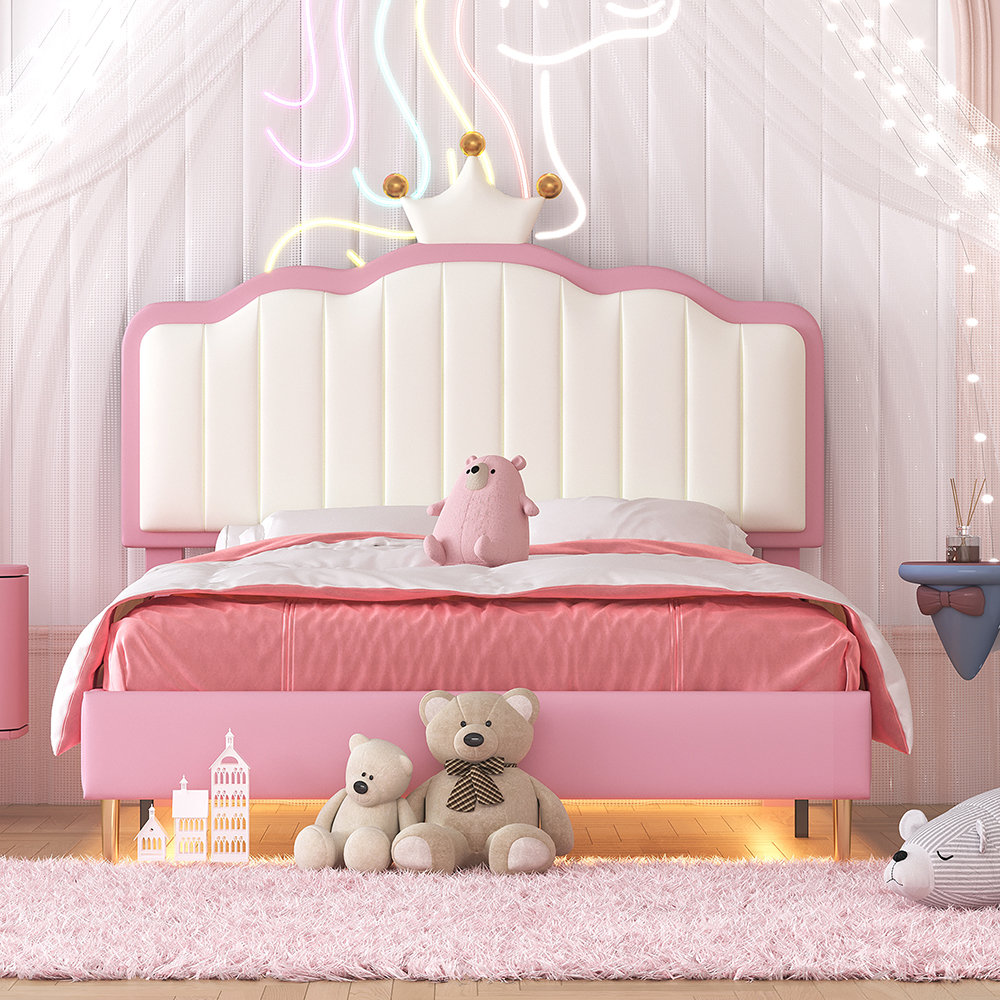 Mercer41 Upholstered Princess Bed With Crown Headboard AND Light Strips ...