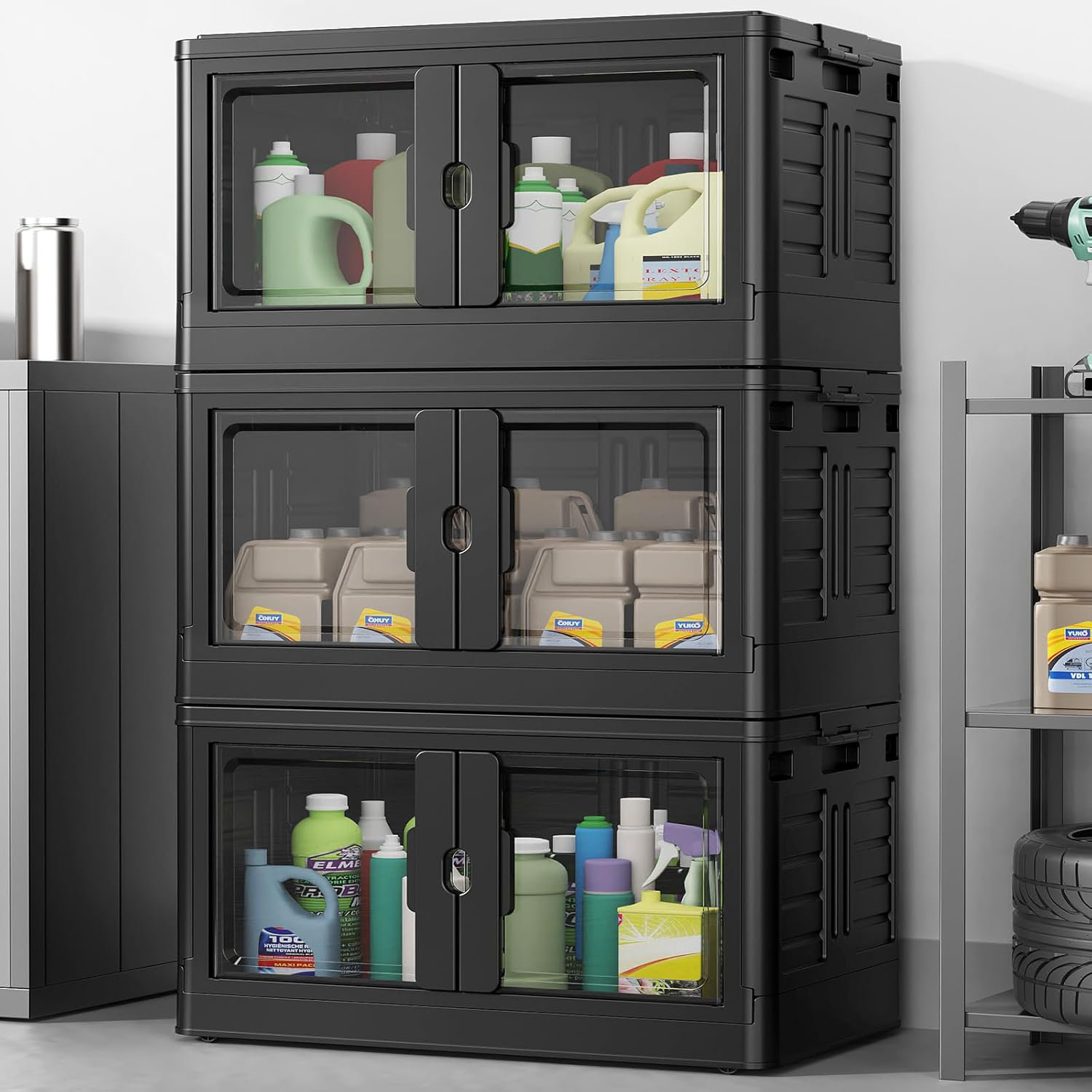 SOSHNA 3-Pack 115Qt Stackable Collapsible Storage Bins with Lids ...