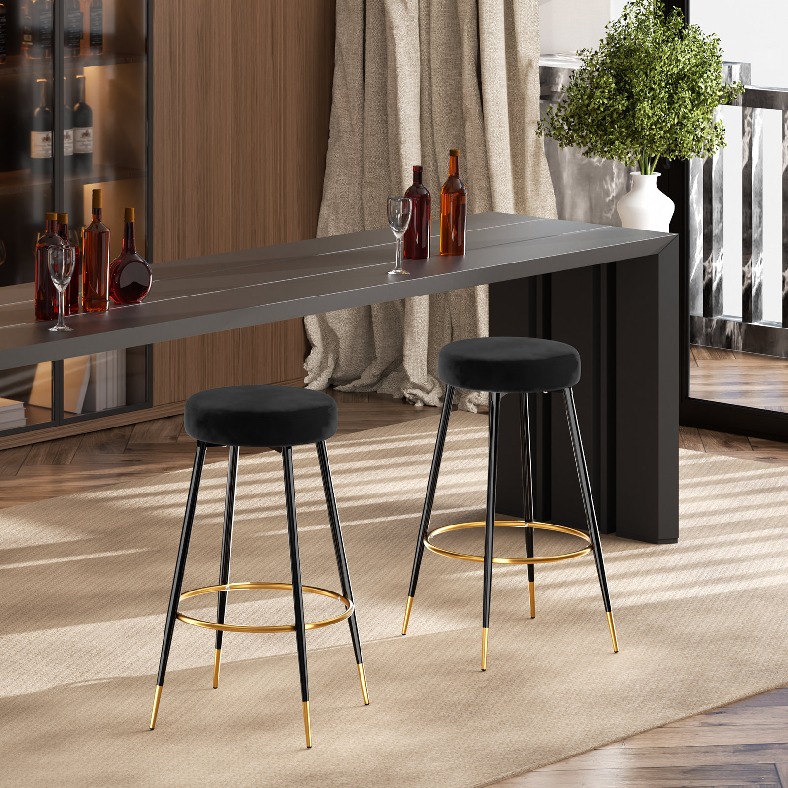 Mercer41 Velvet Bar Stools Dining Chairs with Footrest and Golden Legs ...