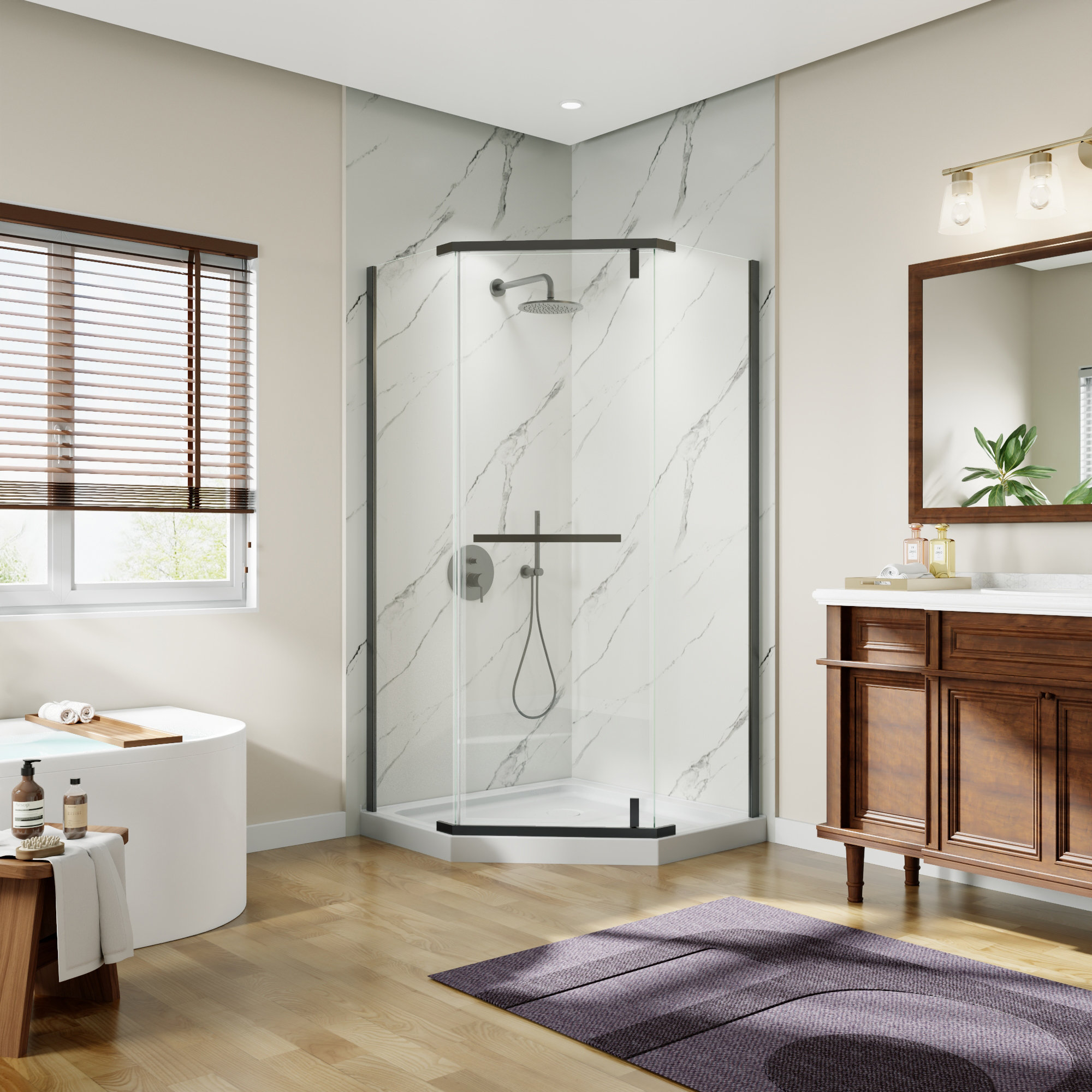 LONNI-STYLE 38 in. W x 72 in. H Neo Angle Pivot Semi Frameless Corner Shower Enclosure | Wayfair