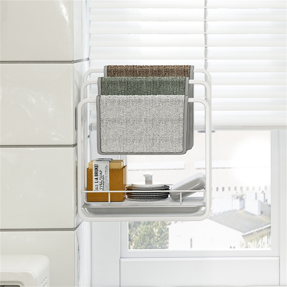 WKING No-Drill Wall-Mounted Dish Rag Drying Rack With Storage Shelf For ...