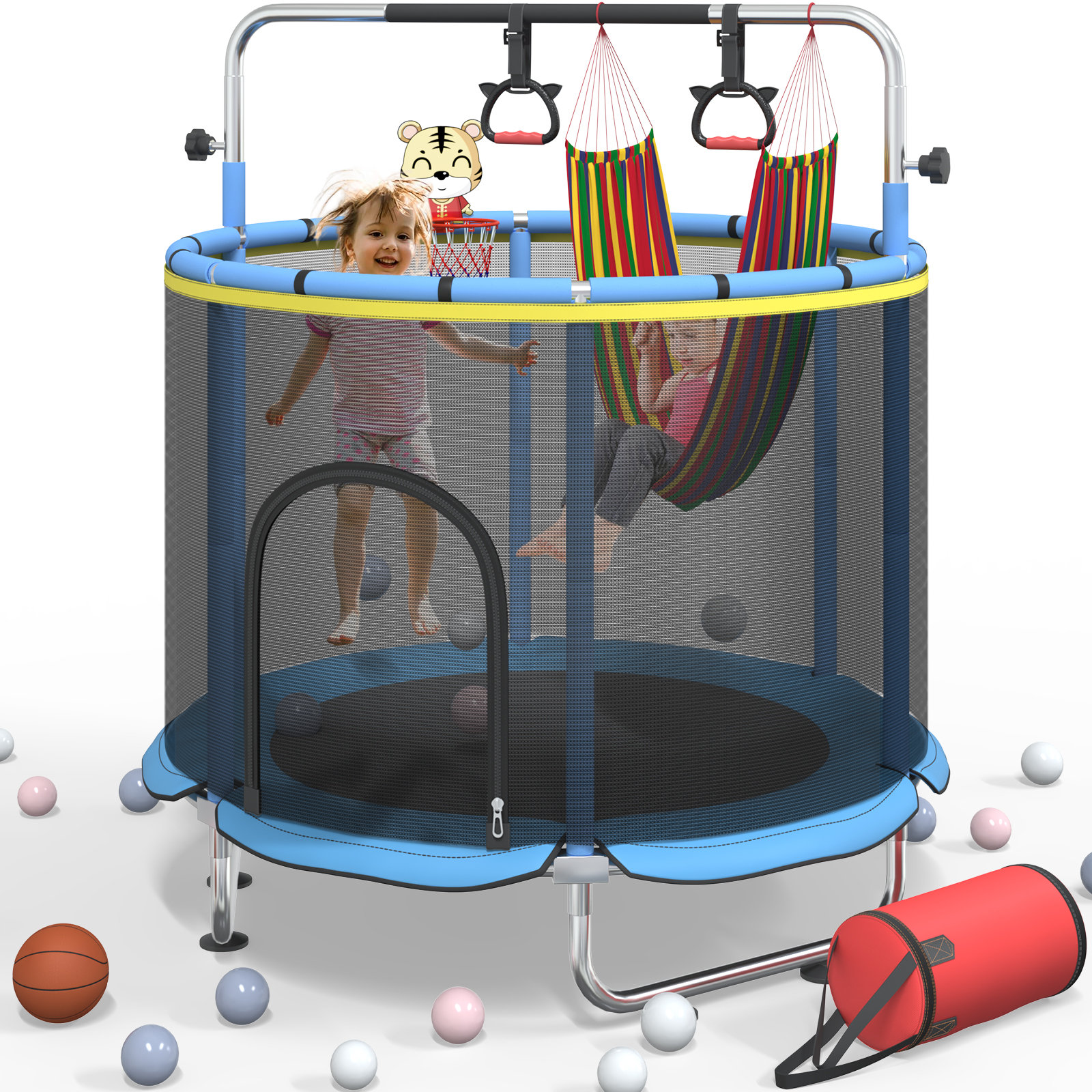 Tassi 5ft Adjustable Kids Trampoline With Safety Enclosure For Indoor ...