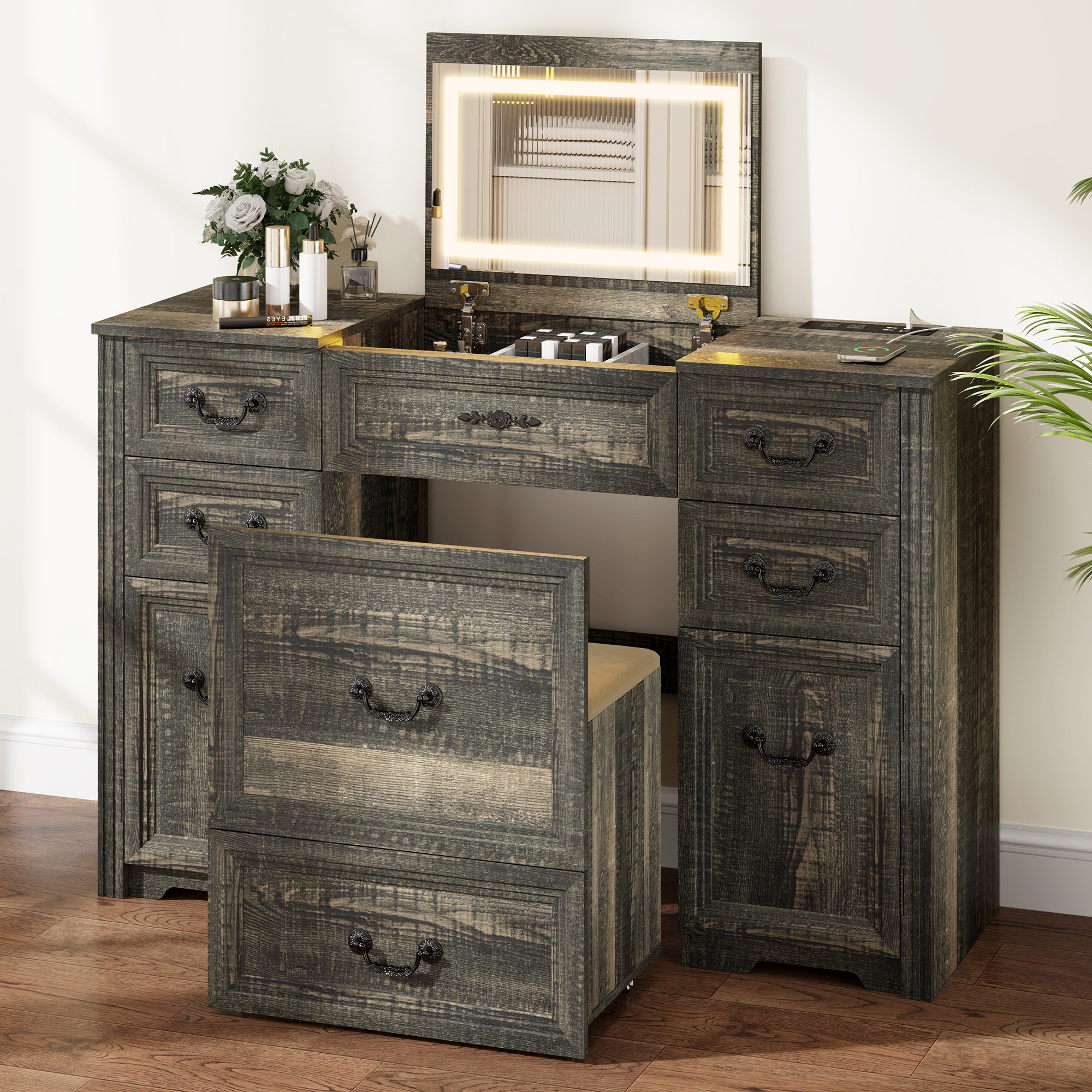 Lark Manor™ Multifunctional Vanity Desk With Mirror, Led Lights ...
