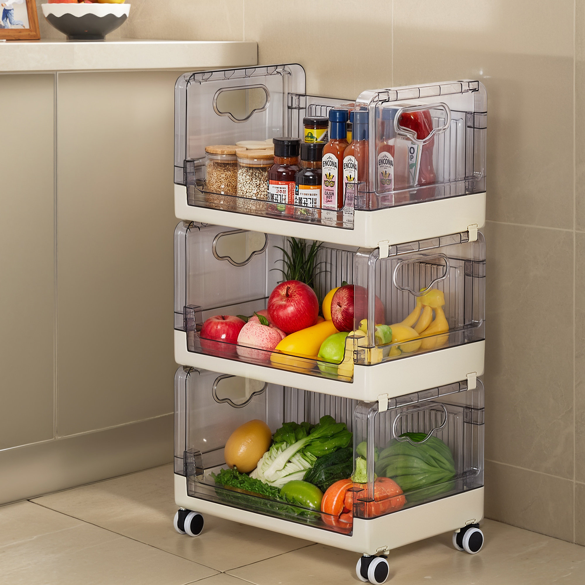 Vecelo 3 Tier Stackable Plastic Storage Carts Kitchen Snack And Toy ...