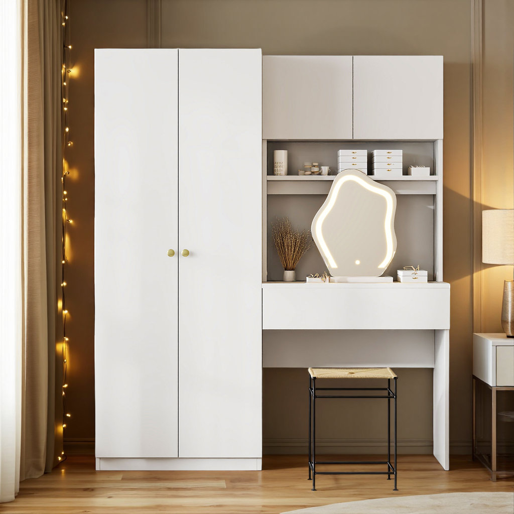 Hokku Designs Wooden Makeup Vanity Wardrobe with Mirror and Drawers for ...