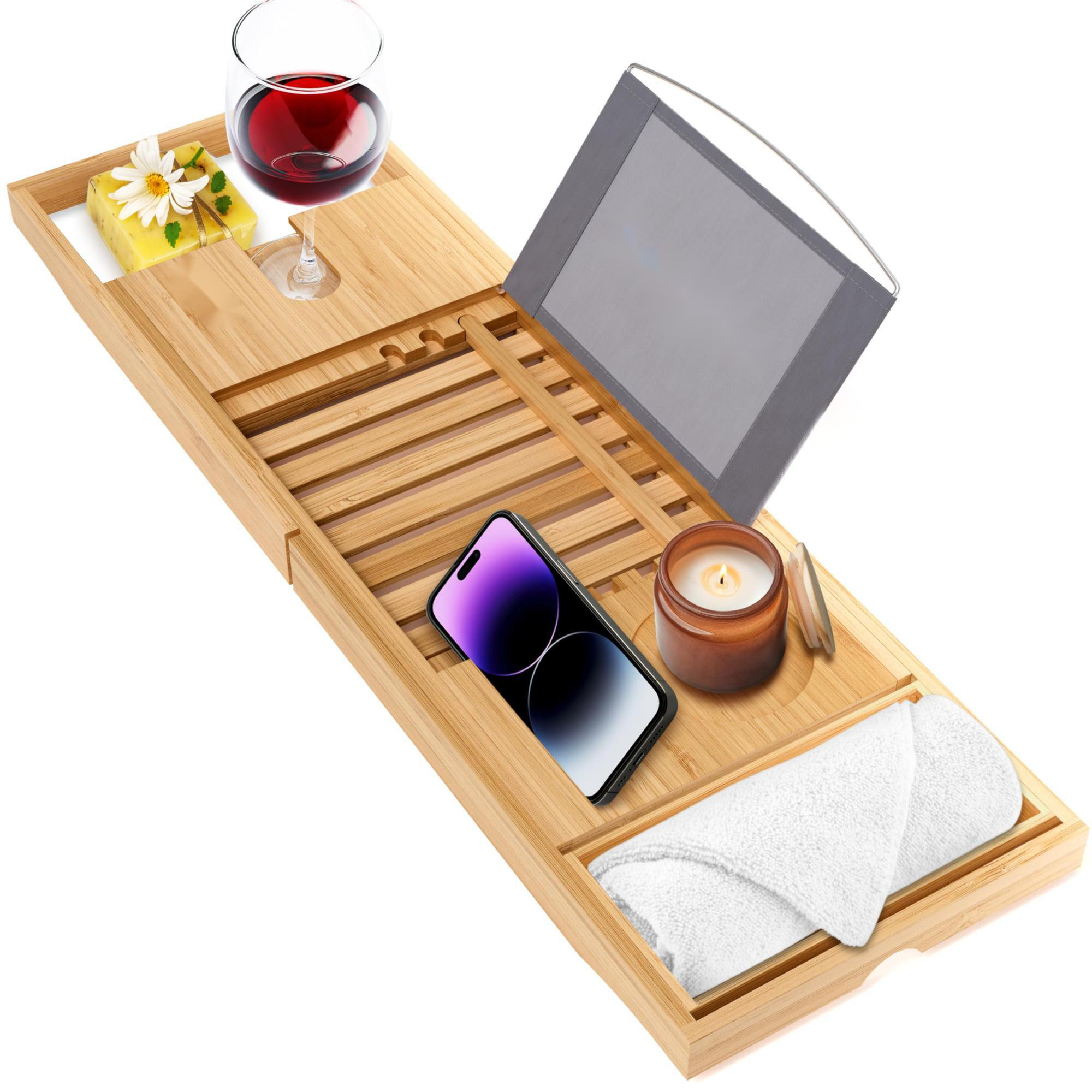 Rebrilliant Luxury Bamboo Bathtub Caddy Tray - Adjustable Natural Wood ...