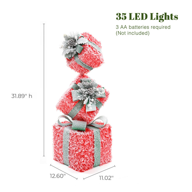 The Holiday Aisle® Red Frosted Gift Boxes with Battery Operated Lights ...