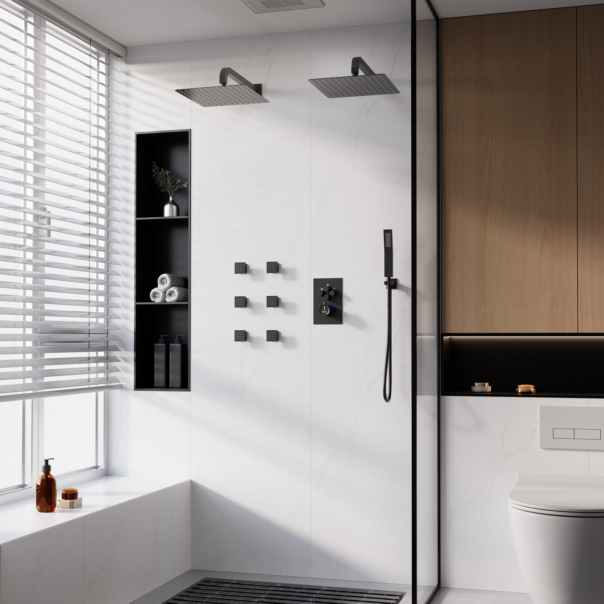 CASAINC Dual Shower Head Thermostatic Rainfall Shower System with Rough ...