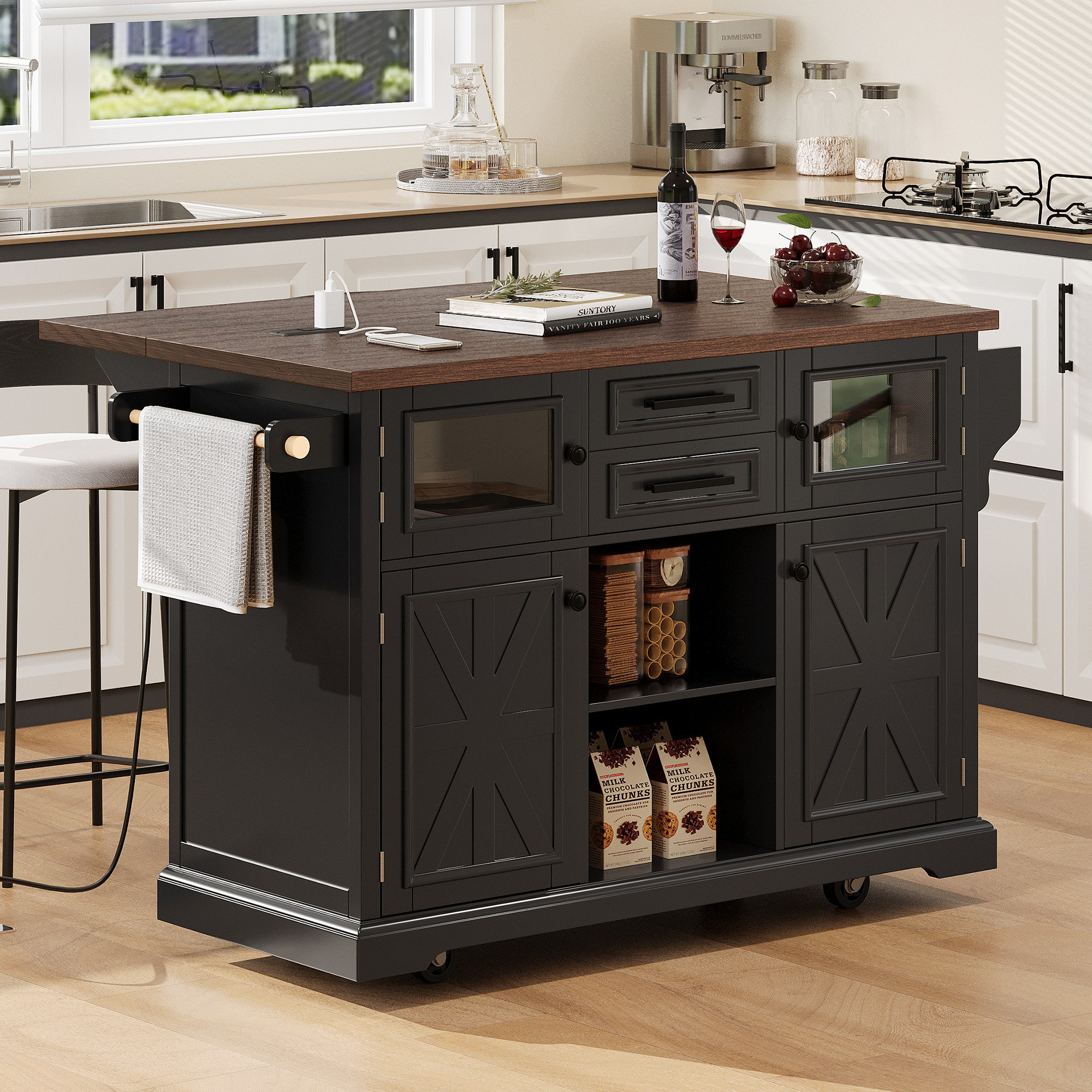Ophelia & Co. 54.9"W Kitchen Island With Drop Leaf And Power Outlet ...
