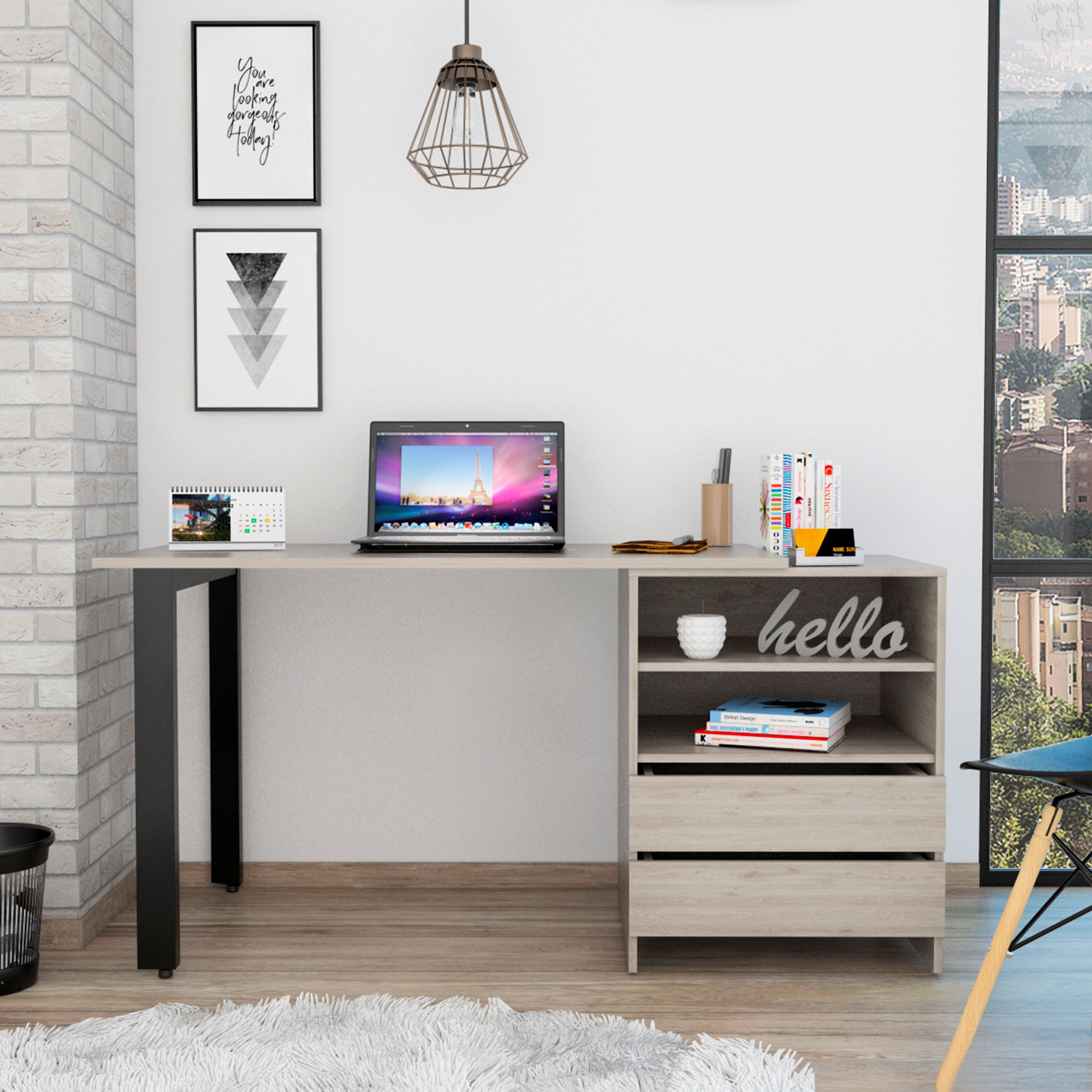 Latitude Run® Malaui 120 Desk, Two Legs, Two Drawers, Two Shelves | Wayfair