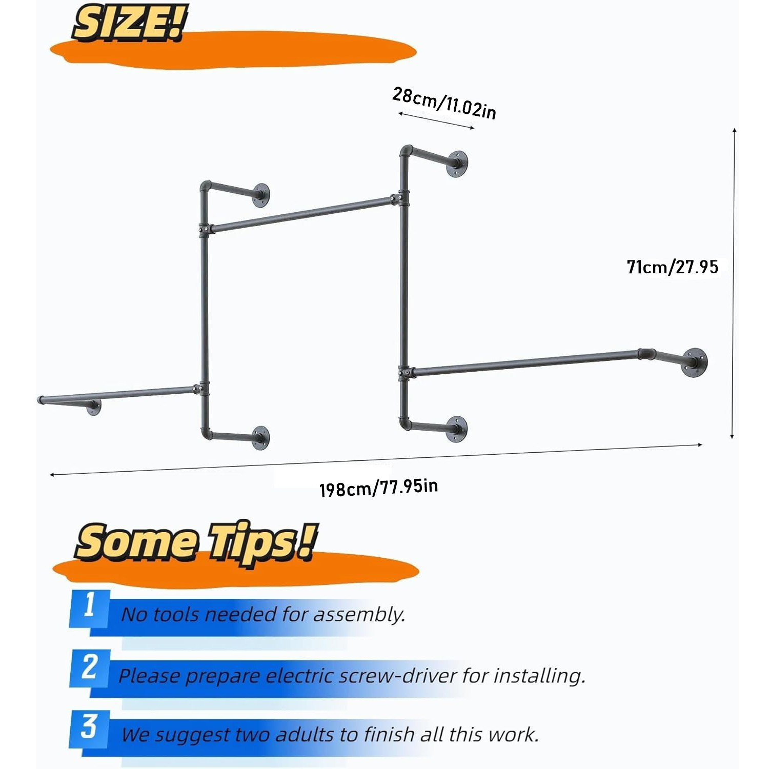 Trent Austin Design® Clothing Rack Wall Mount,78" Industrial Pipe ...