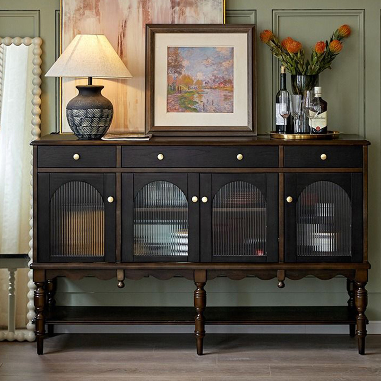HOBULT French Vintage Sideboard Solid Wood Partition Cabinet Living ...