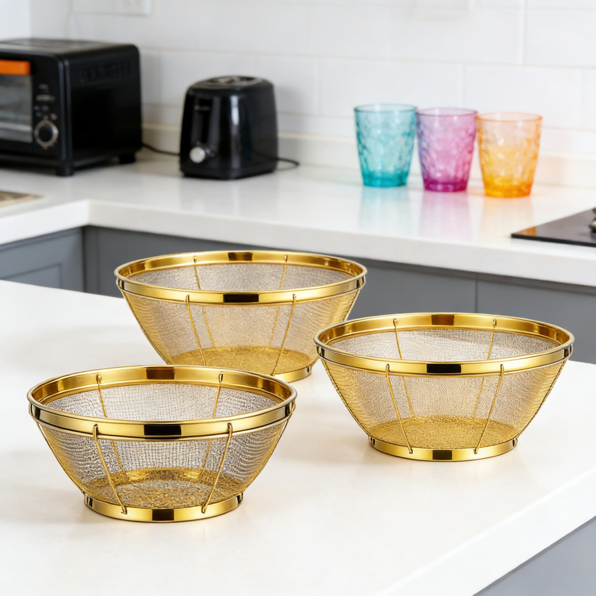 SC0GO Stainless Steel Colander Set Of 3, Stackable Kitchen Strainers ...