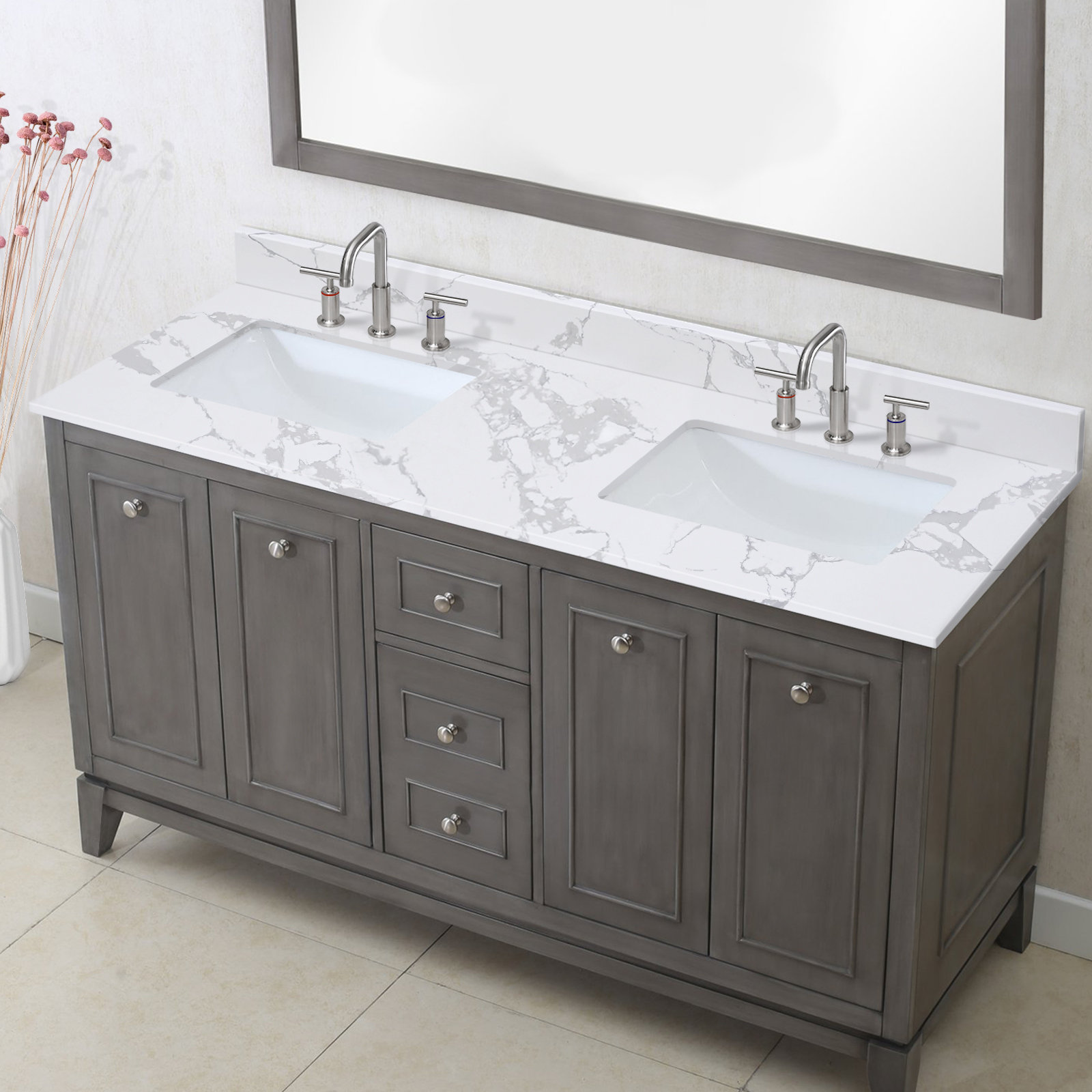 VANITYFAIR 61'' Engineered Stone Double Vanity Top with Faucet Holes ...