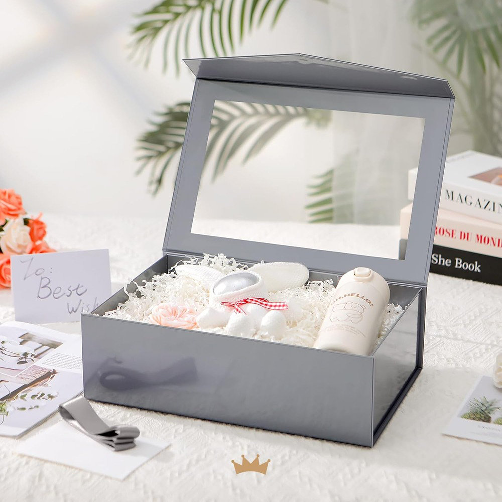 MAXAYA 5 Large Grey Gift Boxes With Windows, 13.5X9x4.1 Inches, Clear F ...