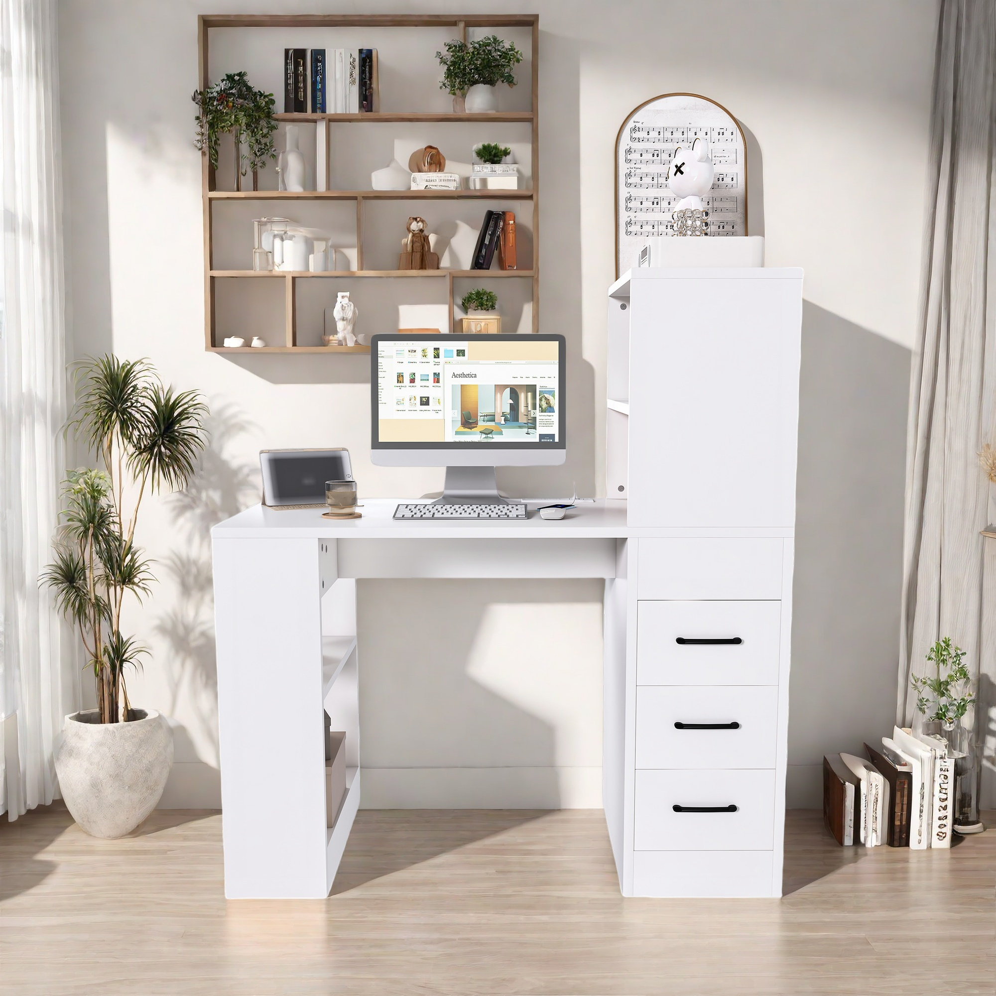 Ebern Designs Modern Computer Desk With 4-in-1 Socket, 3 Slide Drawers And 4 Storage Levels ...