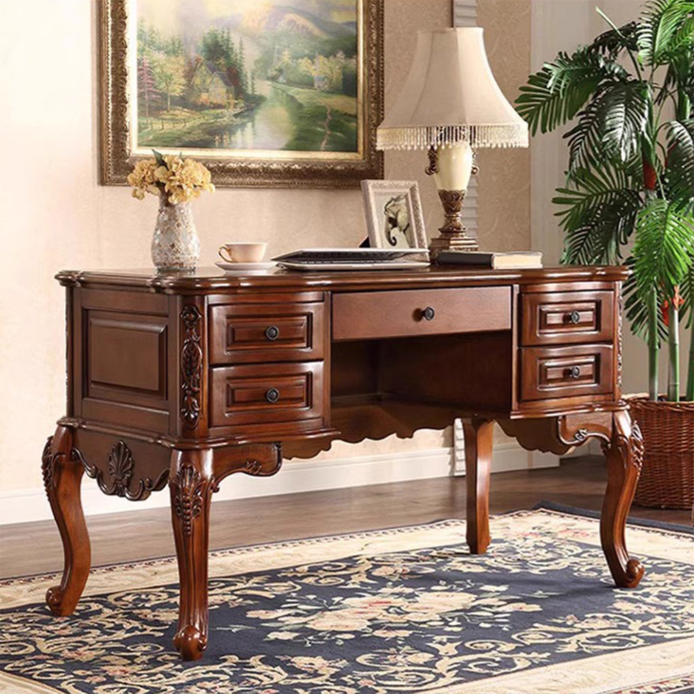 Canora Grey Dark Walnut Rectangular Solid Wood with 5 drawers desk ...