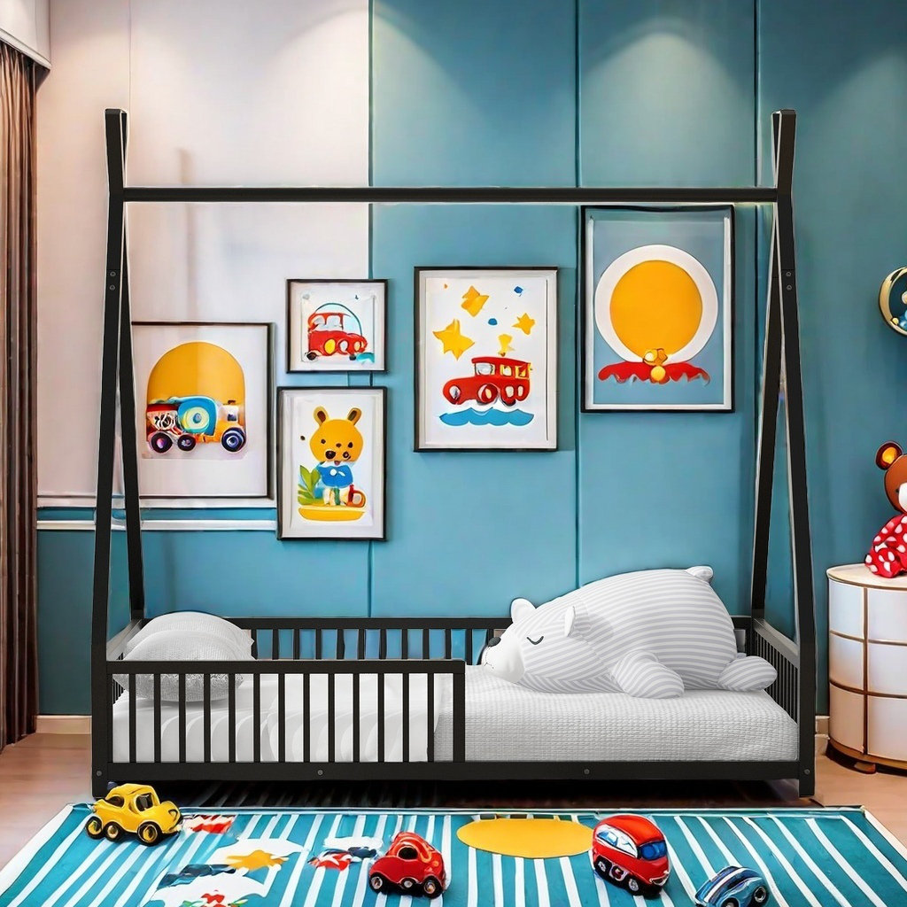 Gracie Oaks Metal House Platform Bed With Triangle Structure And ...