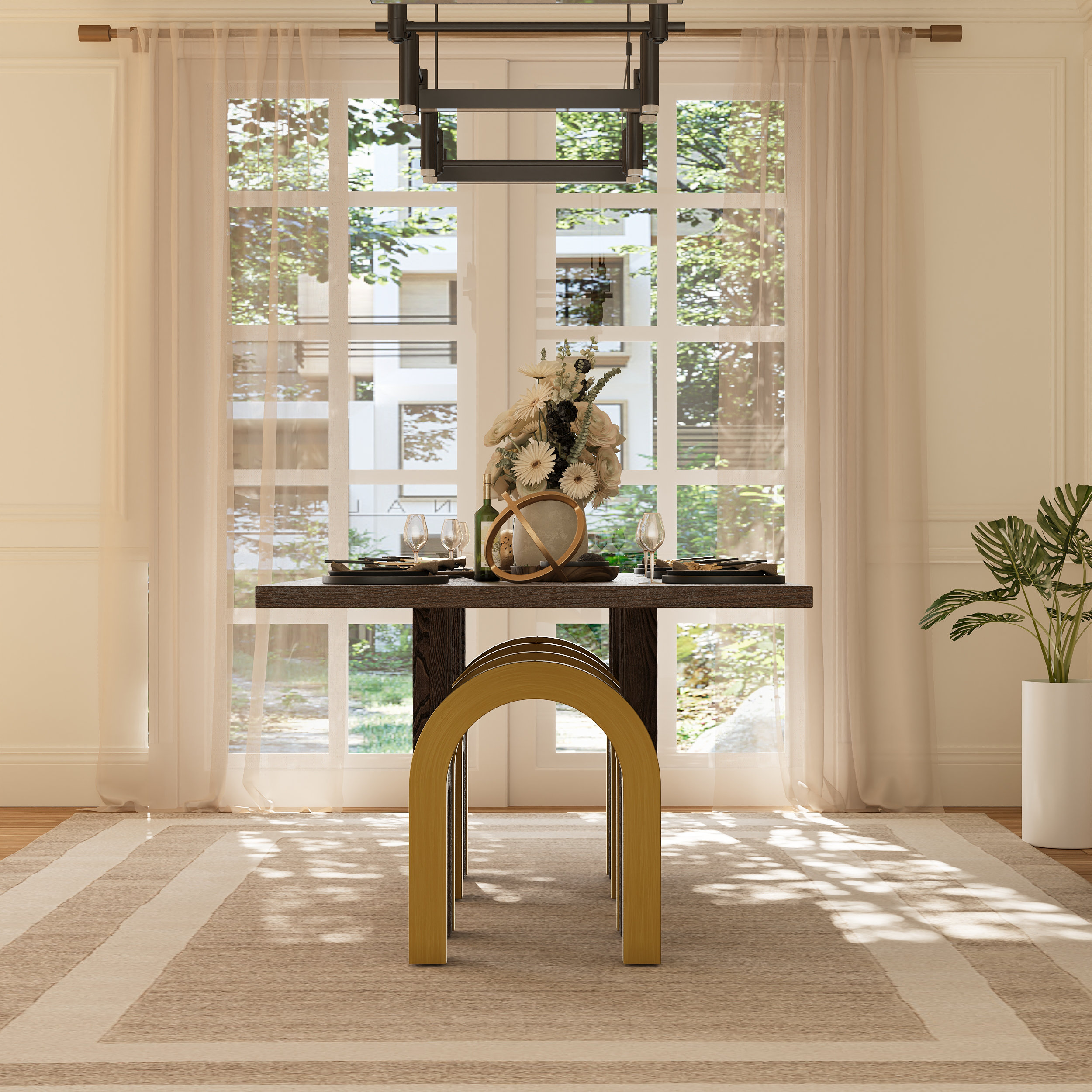 Mercer41 78 Inch Dining Table With H-Shaped Wood Base And Polished Gold ...