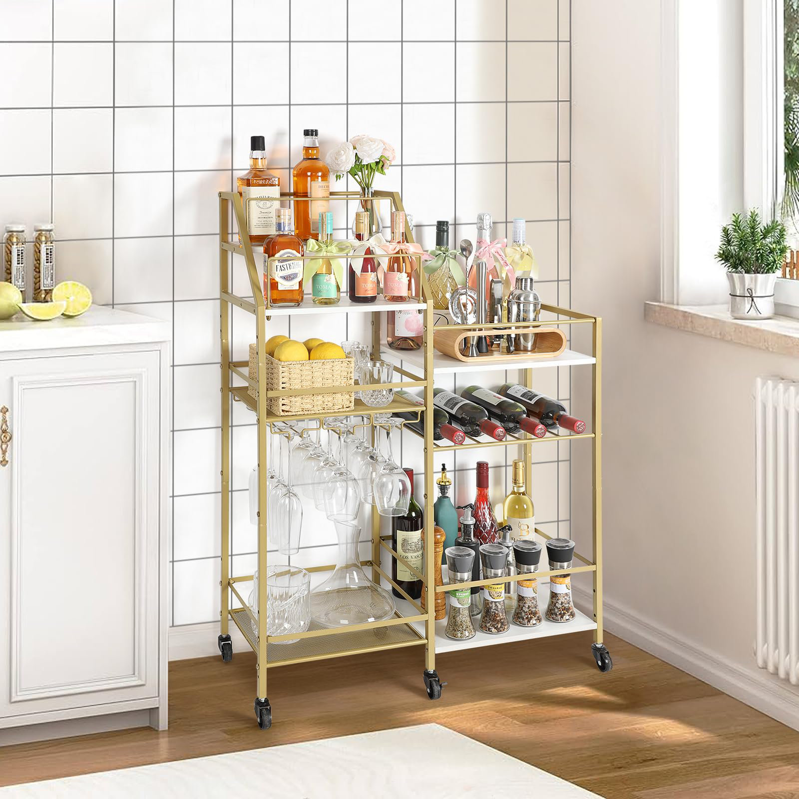 Everly Quinn Gold & White Large Bar Cart With Wine Rack, 5-Tier Floor ...