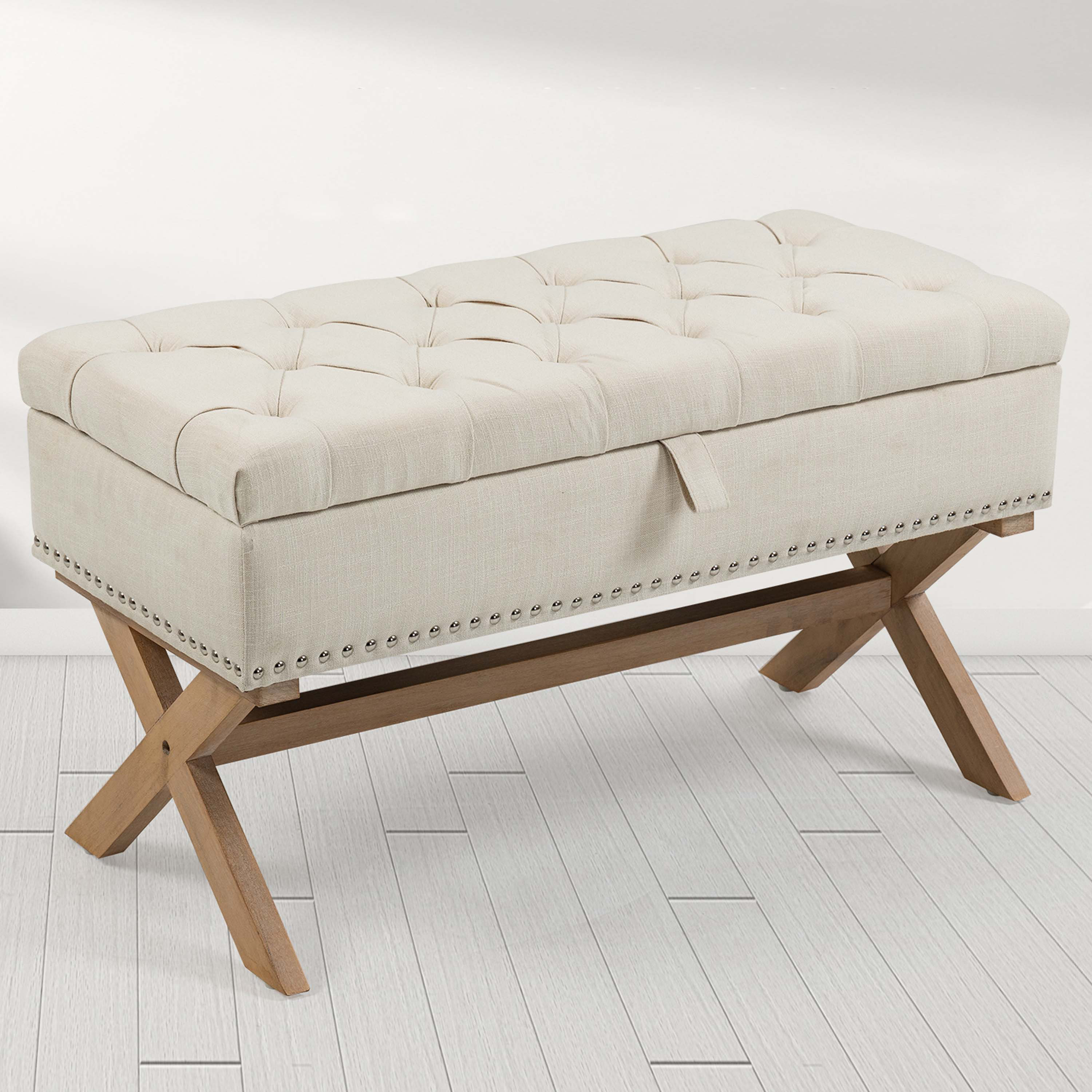 Gracie Oaks 35 Inch Storage Ottoman, Button-Tufted Ottoman Linen ...