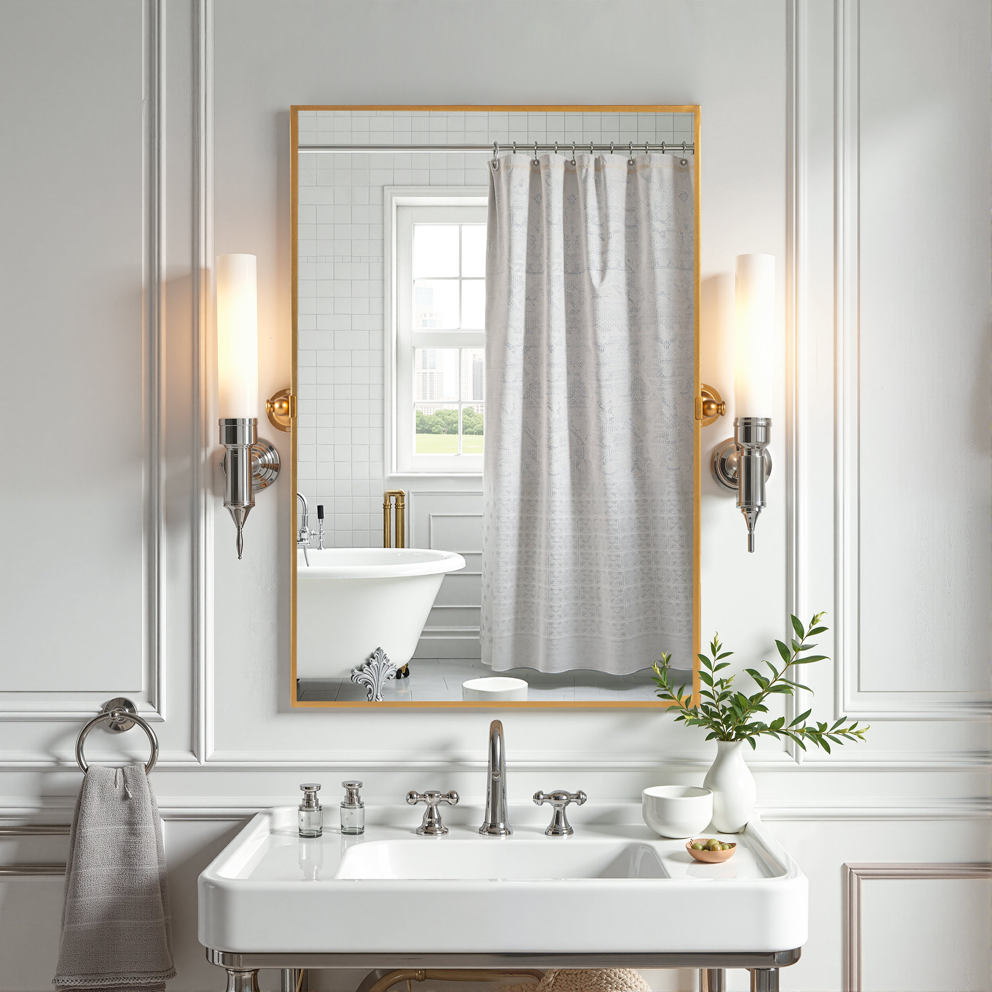 Mercer41 Rectangle Rotating Mirror, Golden Metal Framed Wall-Mounted ...