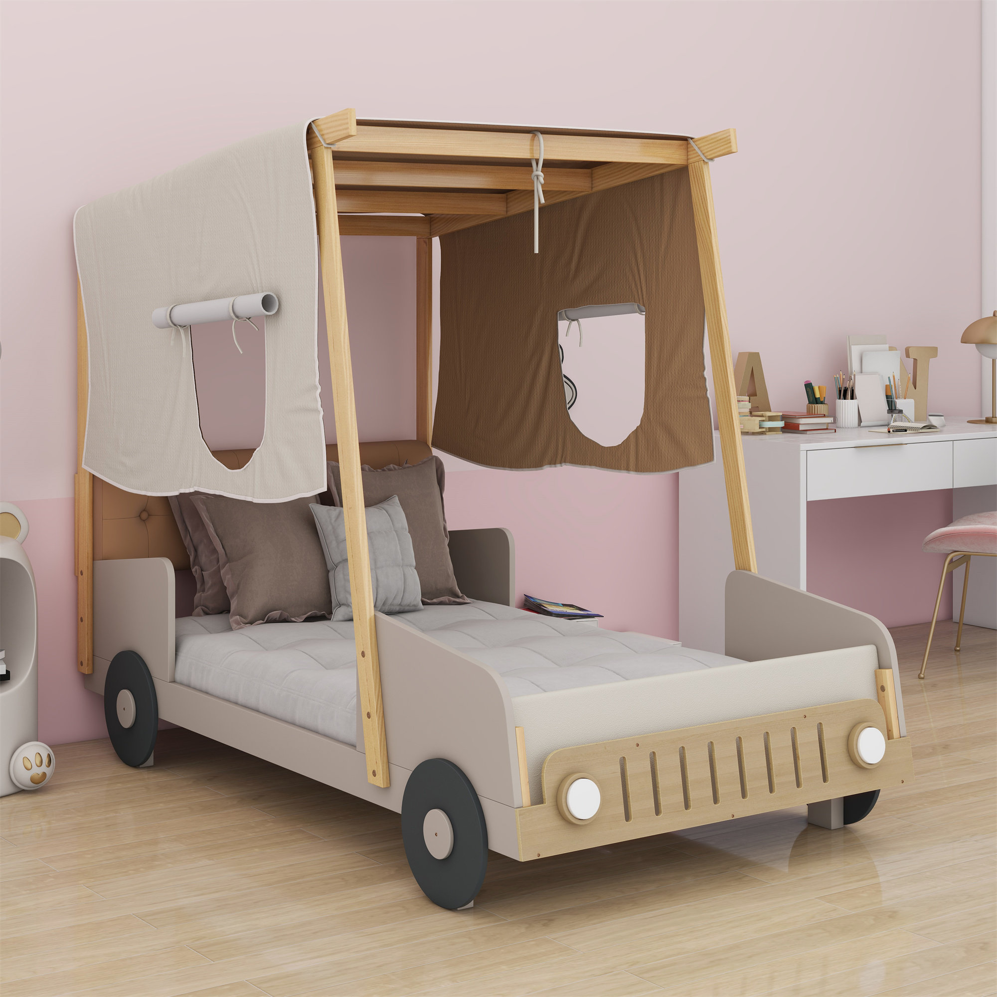 Zoomie Kids Car Bed With Pillow, Ceiling Cloth And LED | Wayfair