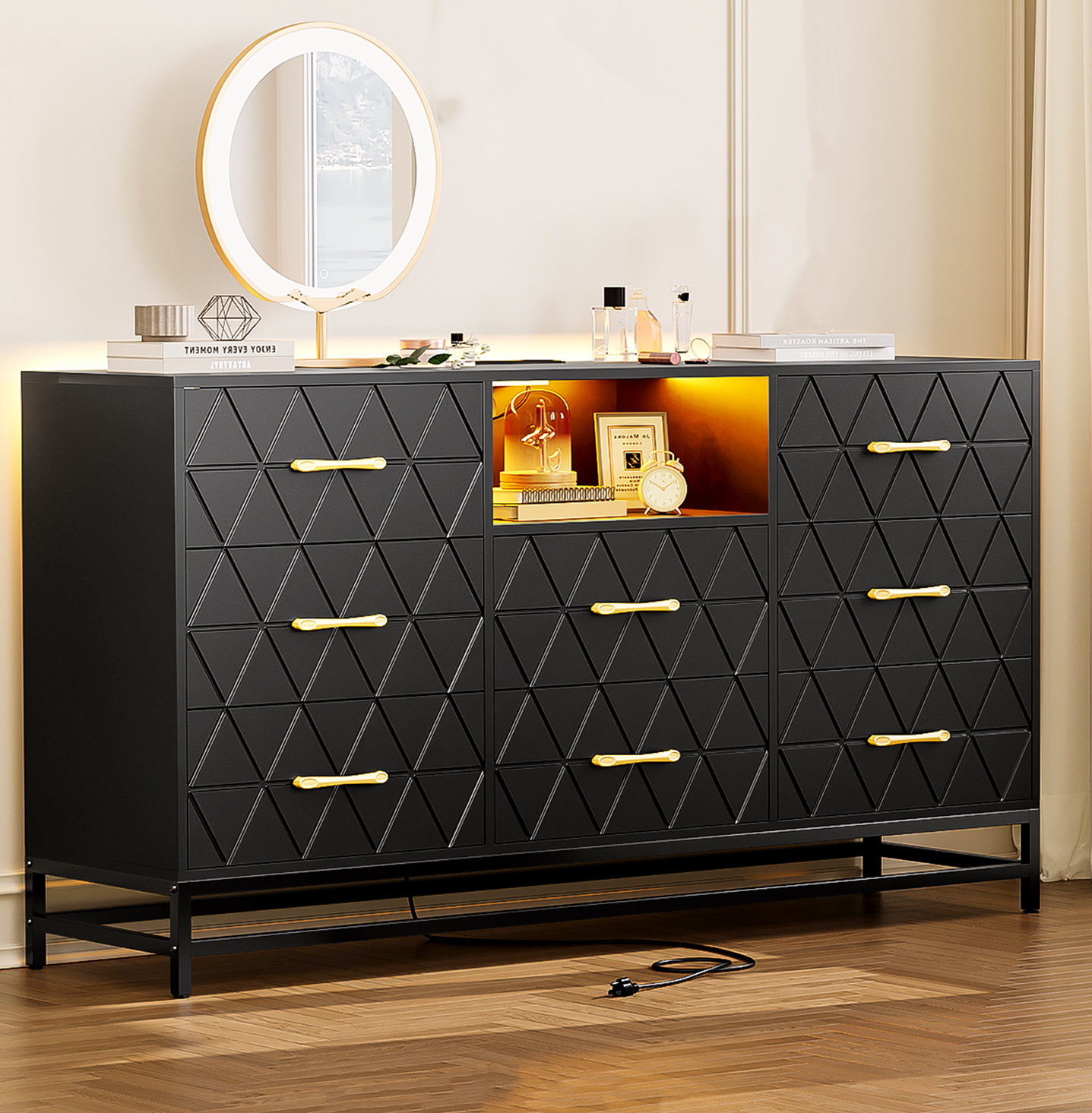 Latitude Run® Wooden Large Long Dresser With Power Outlet And Led ...