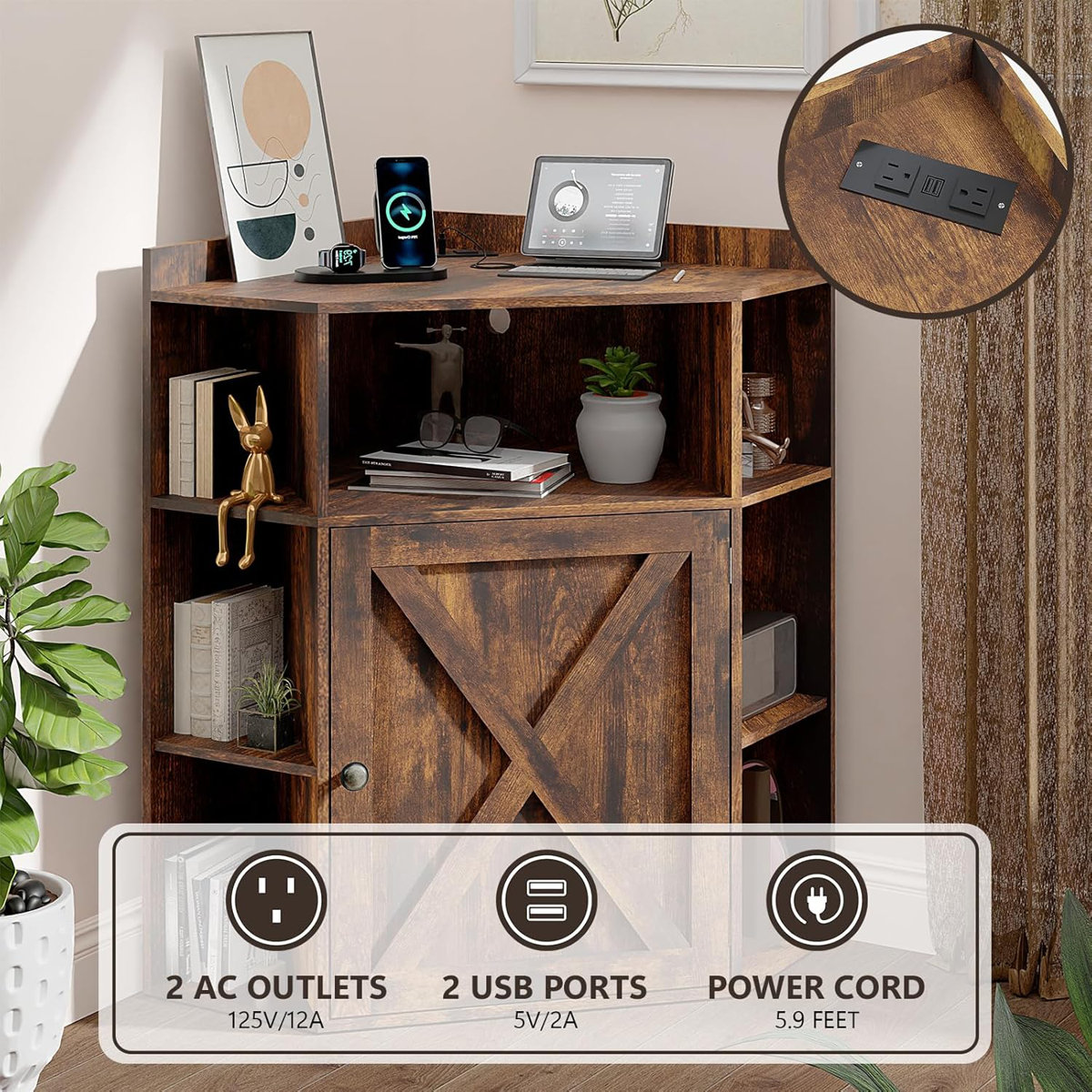 Gracie Oaks Corner Storage Shelf with USB Ports and Outlets Industrial ...