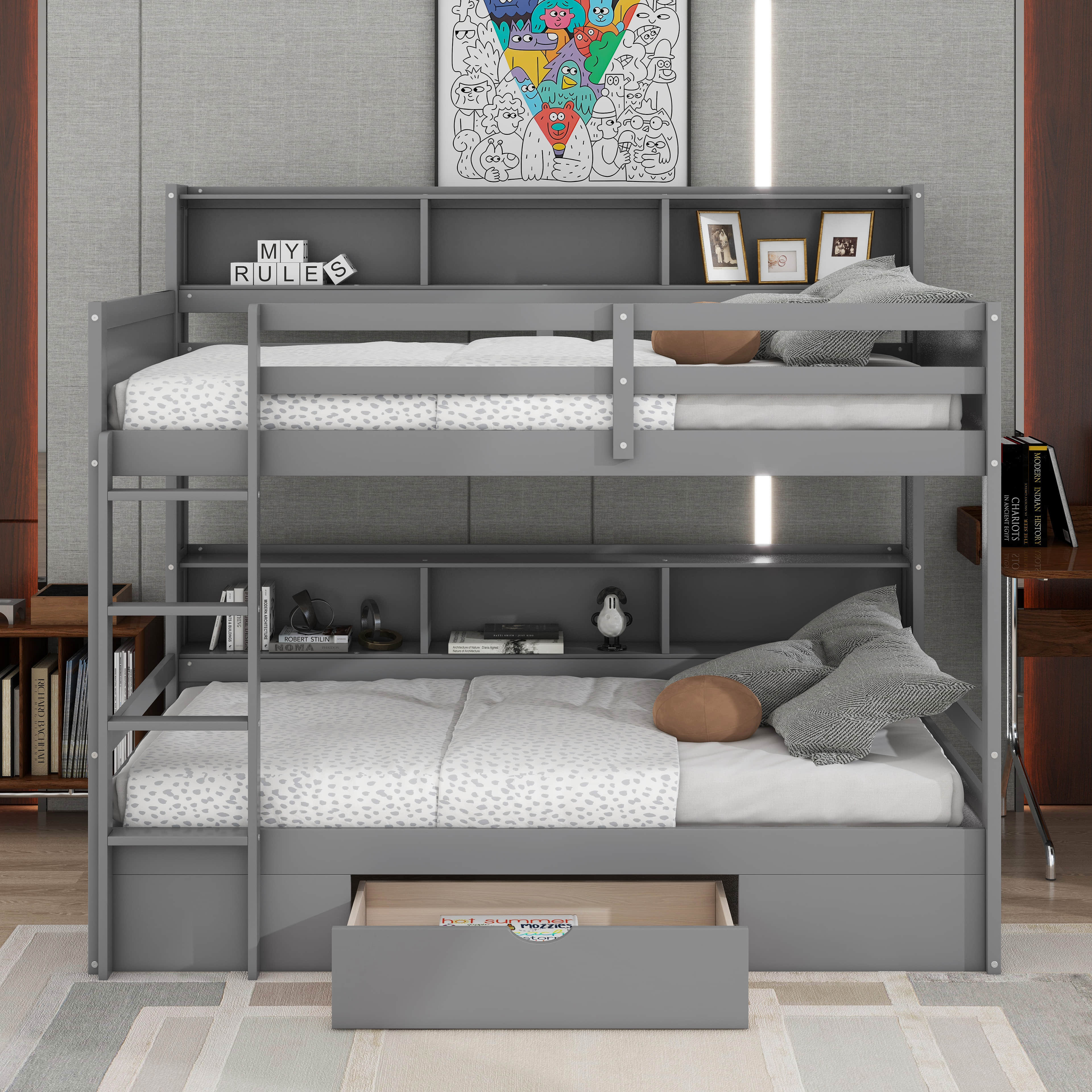 Harriet Bee Bunk Bed With Built-In Shelves Beside Both Upper And Down ...