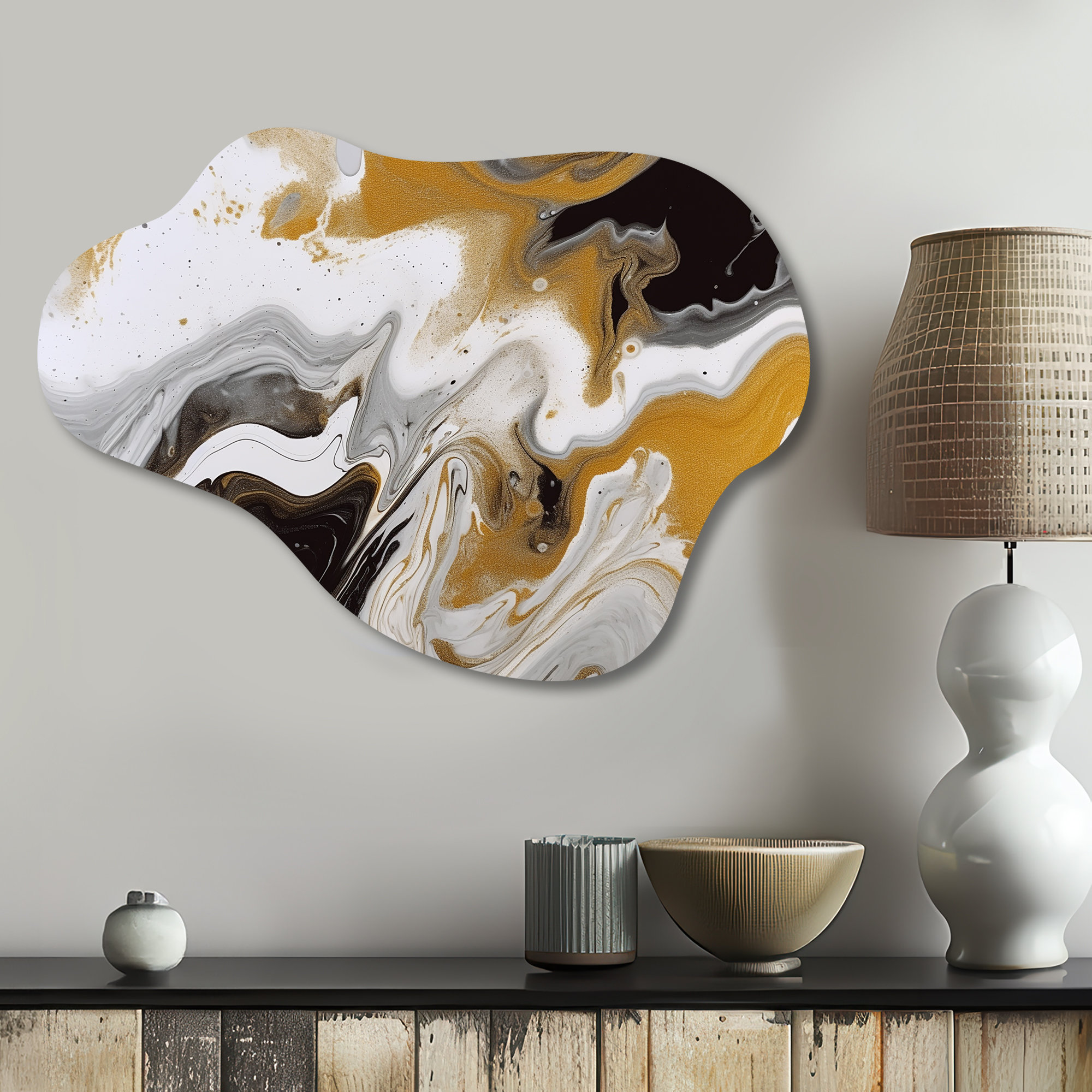 Ivy Bronx Gold And Black Marble Waves III - Fractals Cloud Shape Asymmetric Metal Wall Sculpture ...