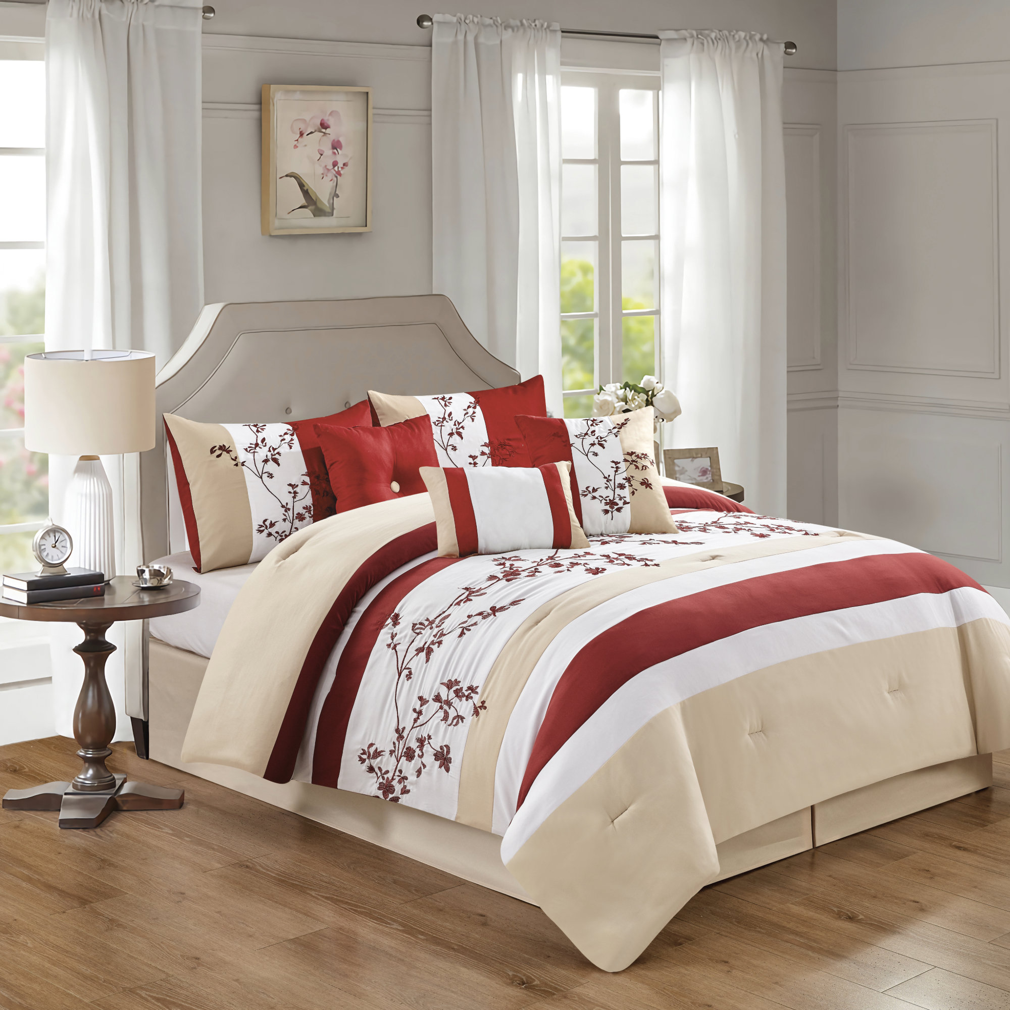Linen Store Magda Red/Cream Microfiber 7 Piece Comforter Set | Wayfair
