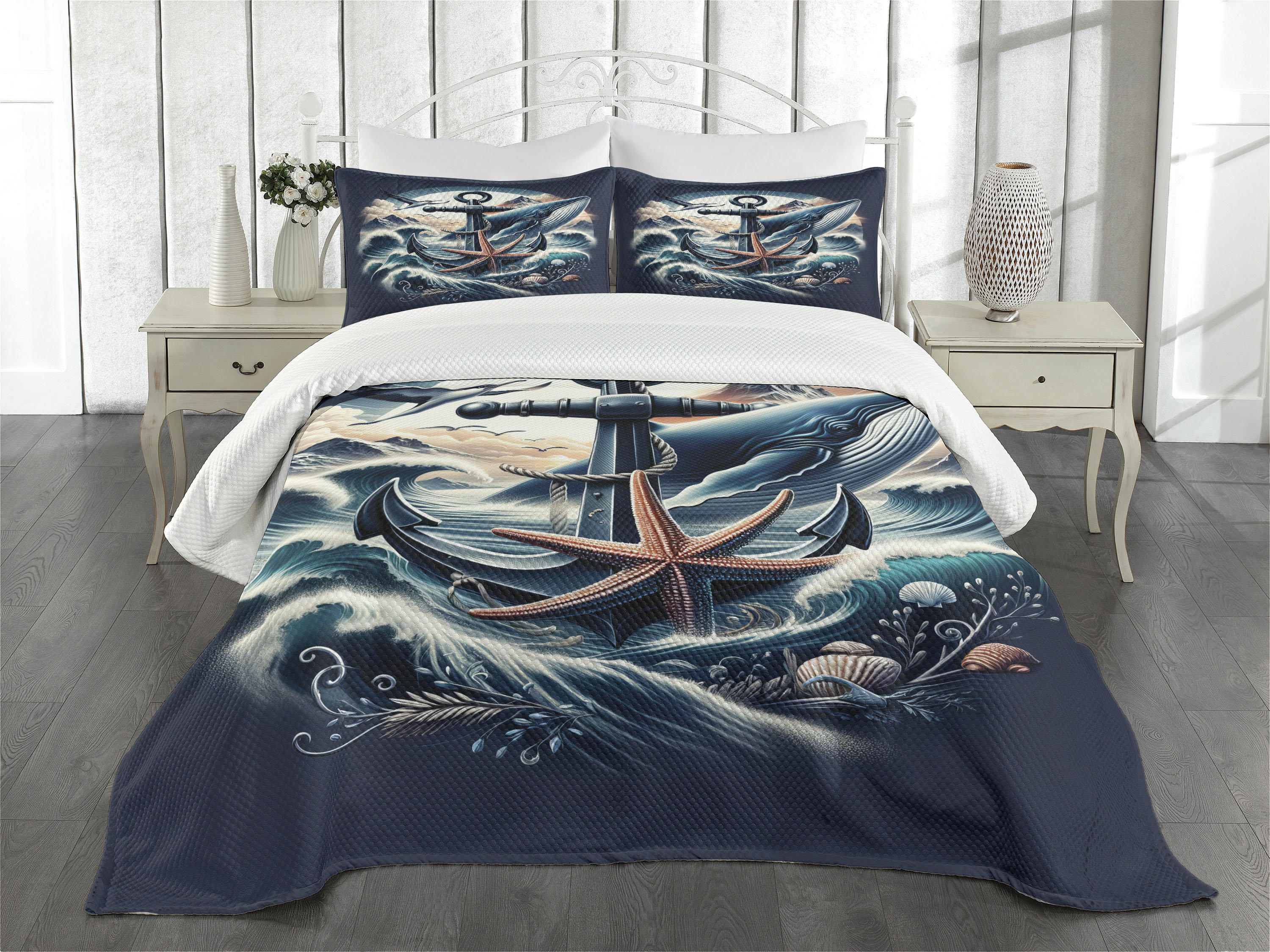 Ambesonne Nautical Bedspread Marine Anchor and Seagull 429471 | Wayfair