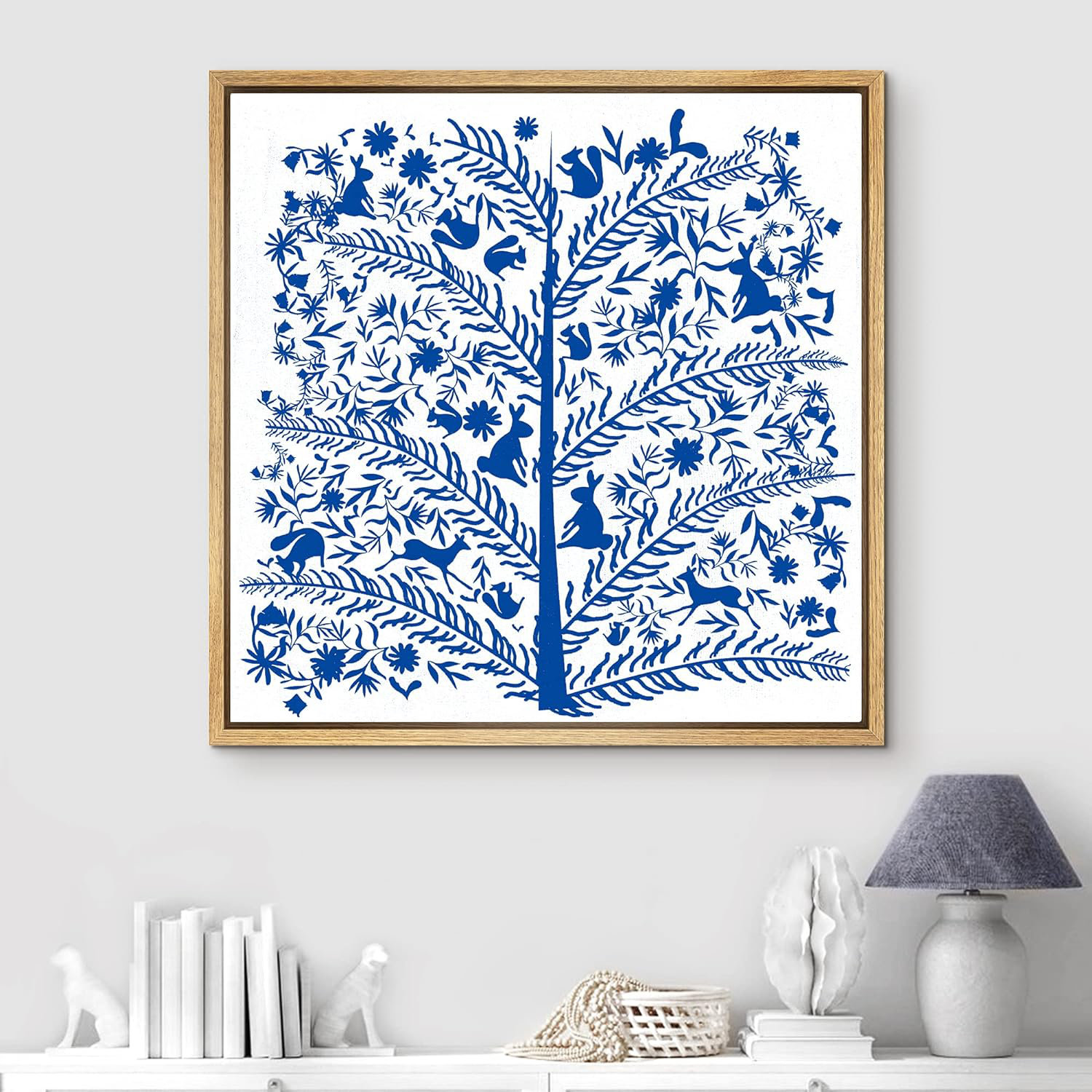 wall26 Blue Fern, Rabbit & Squirrel Silhouette Collage Floral Framed On ...