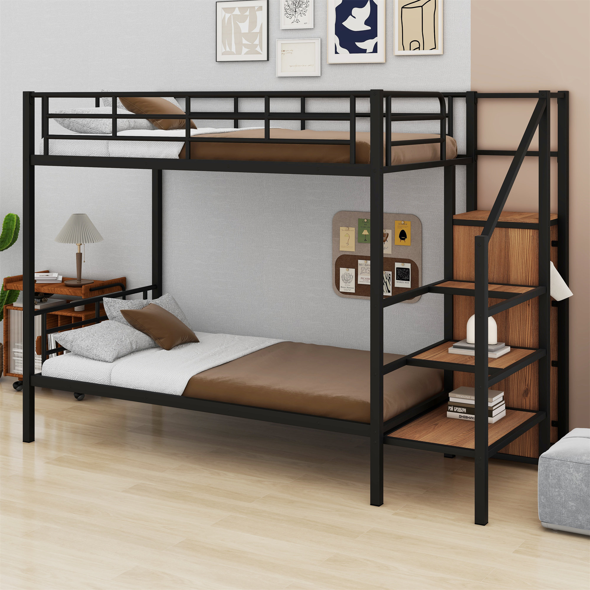 Mason & Marbles Metal Bunk Bed With Lateral Storage Ladder And Wardrobe ...