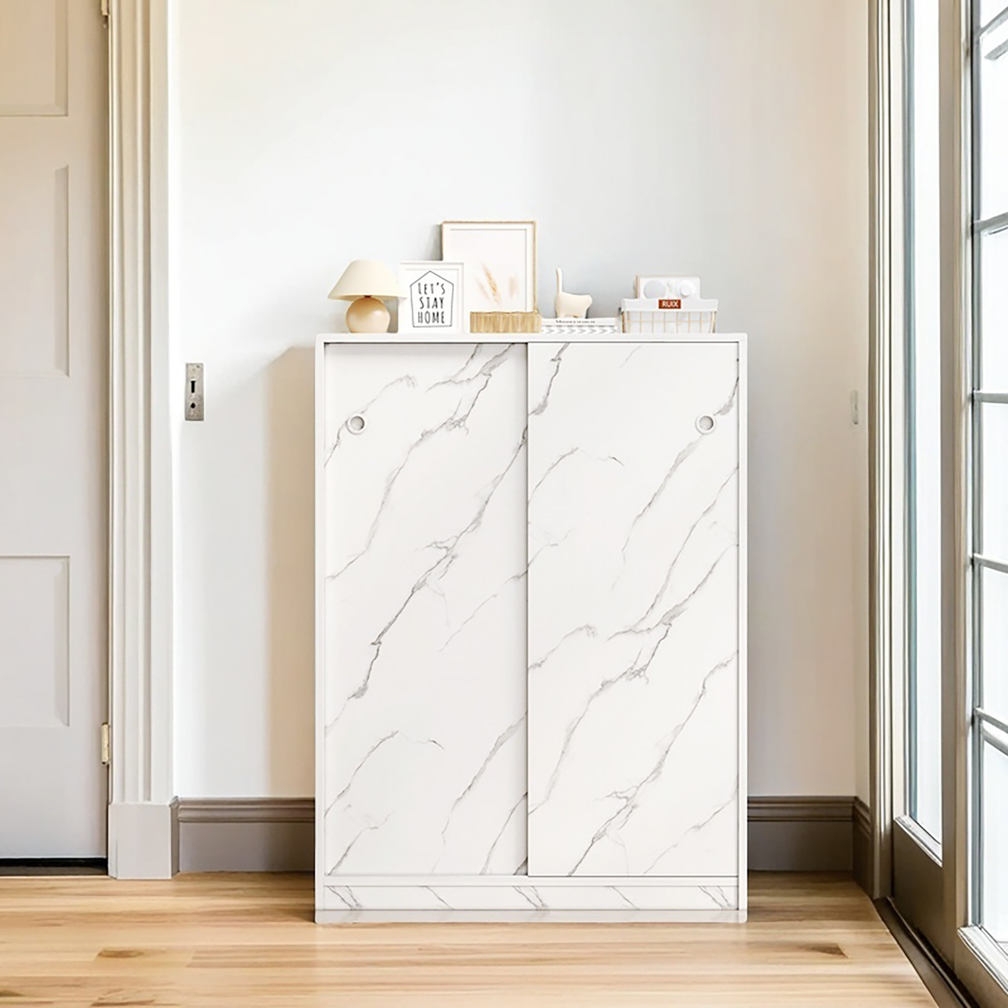 Orren Ellis Marble Shoe Cabient With Sliding Door Have 6 Layers Can ...