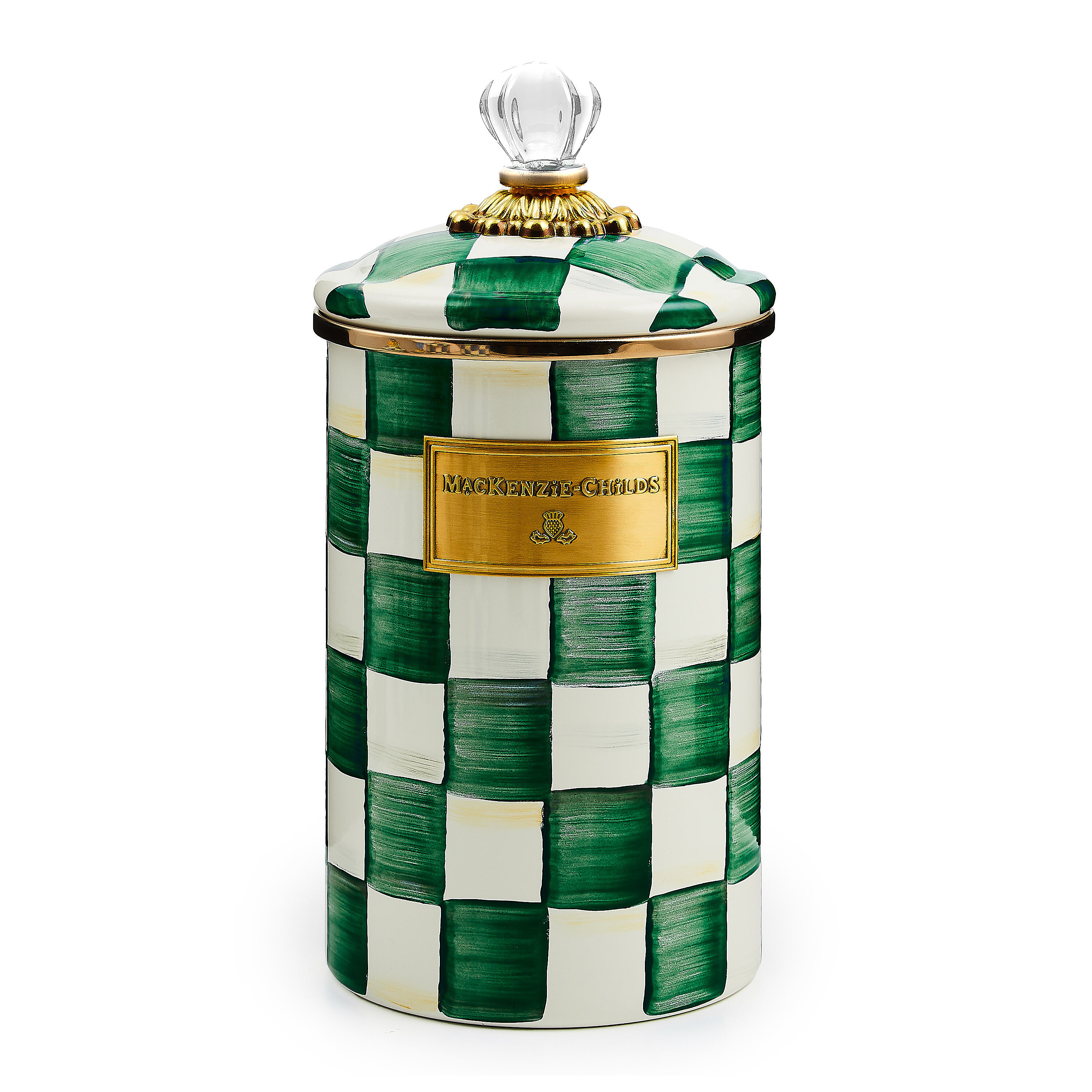 MacKenzie-Childs Emerald Check Glass/Stainless Steel/Brass/Steel Jar ...