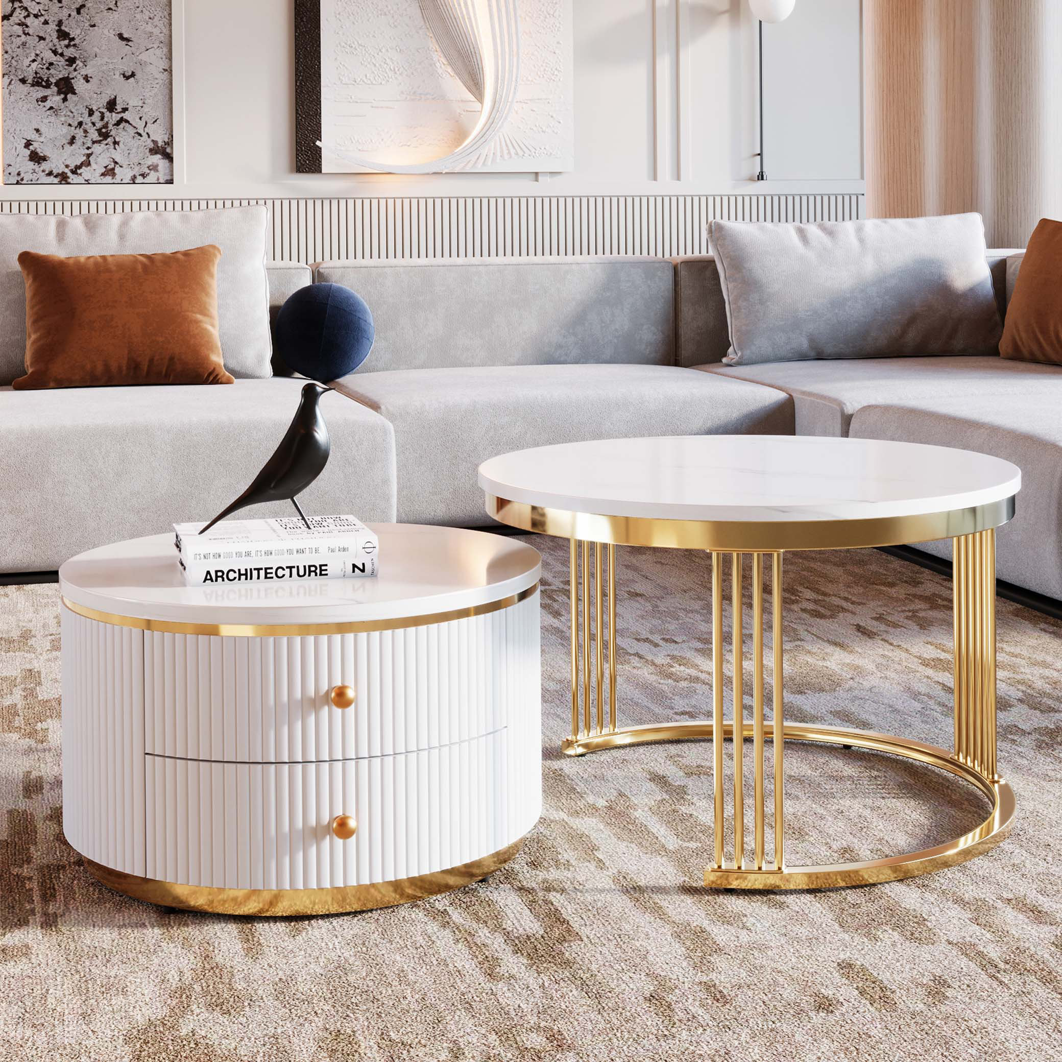 Mercer41 Modern 2 Pieces White Round Nesting Coffee Table with Drawers ...