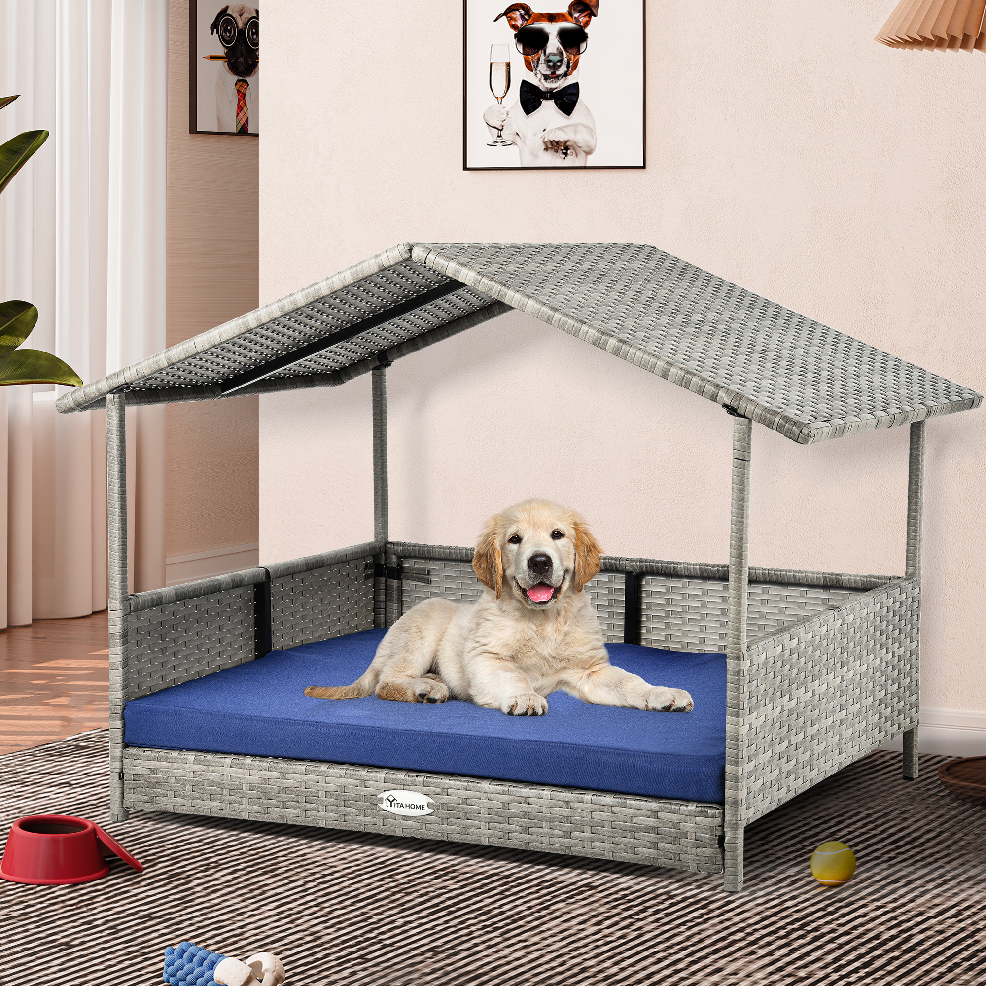 Balconera Tucker Murphy Rattan Raised Rattan Dog Sofa with Cushion ...